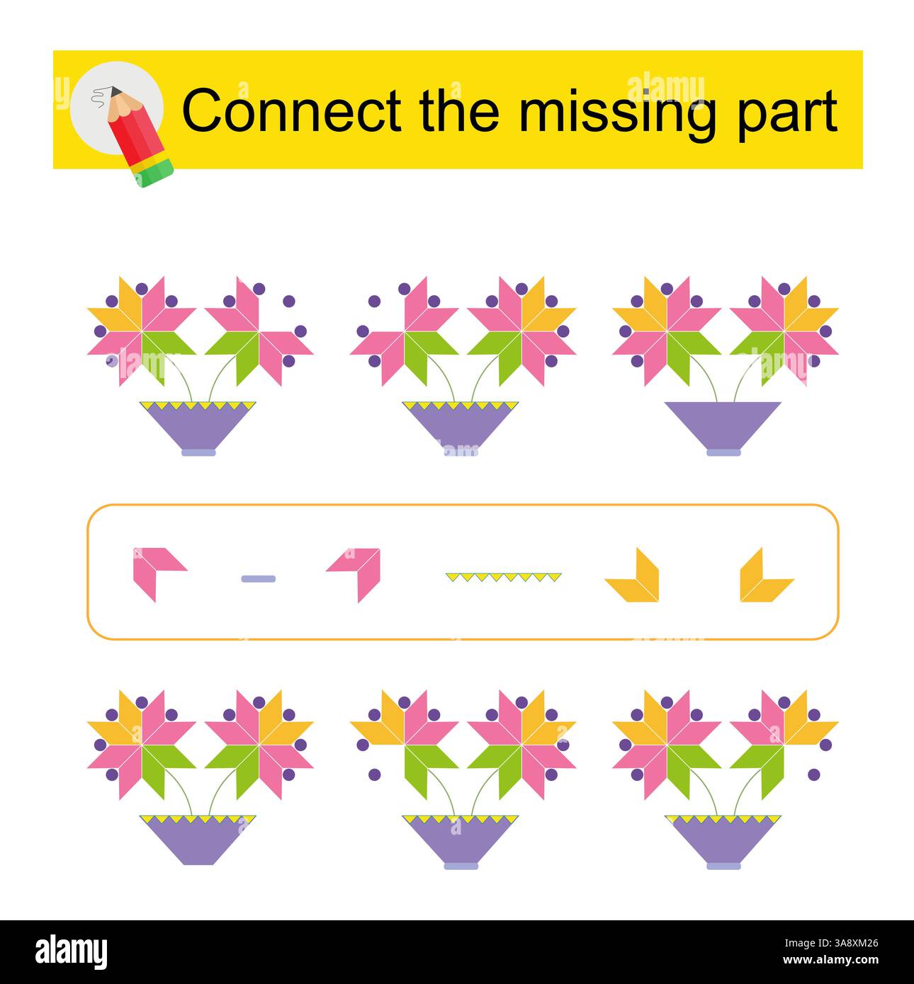 Connect the missing part. Attention task for kids. Cartoon flowers ...