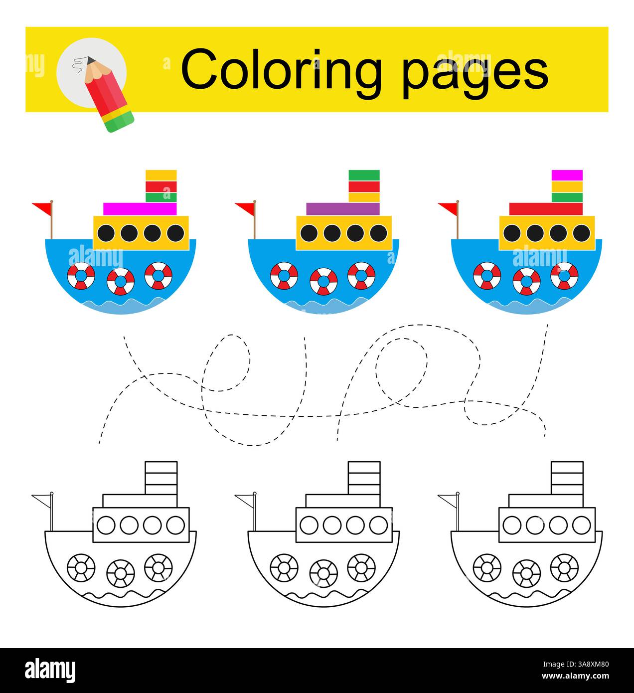 Educational game for kids. Go through the maze and color a cartoon ship ...