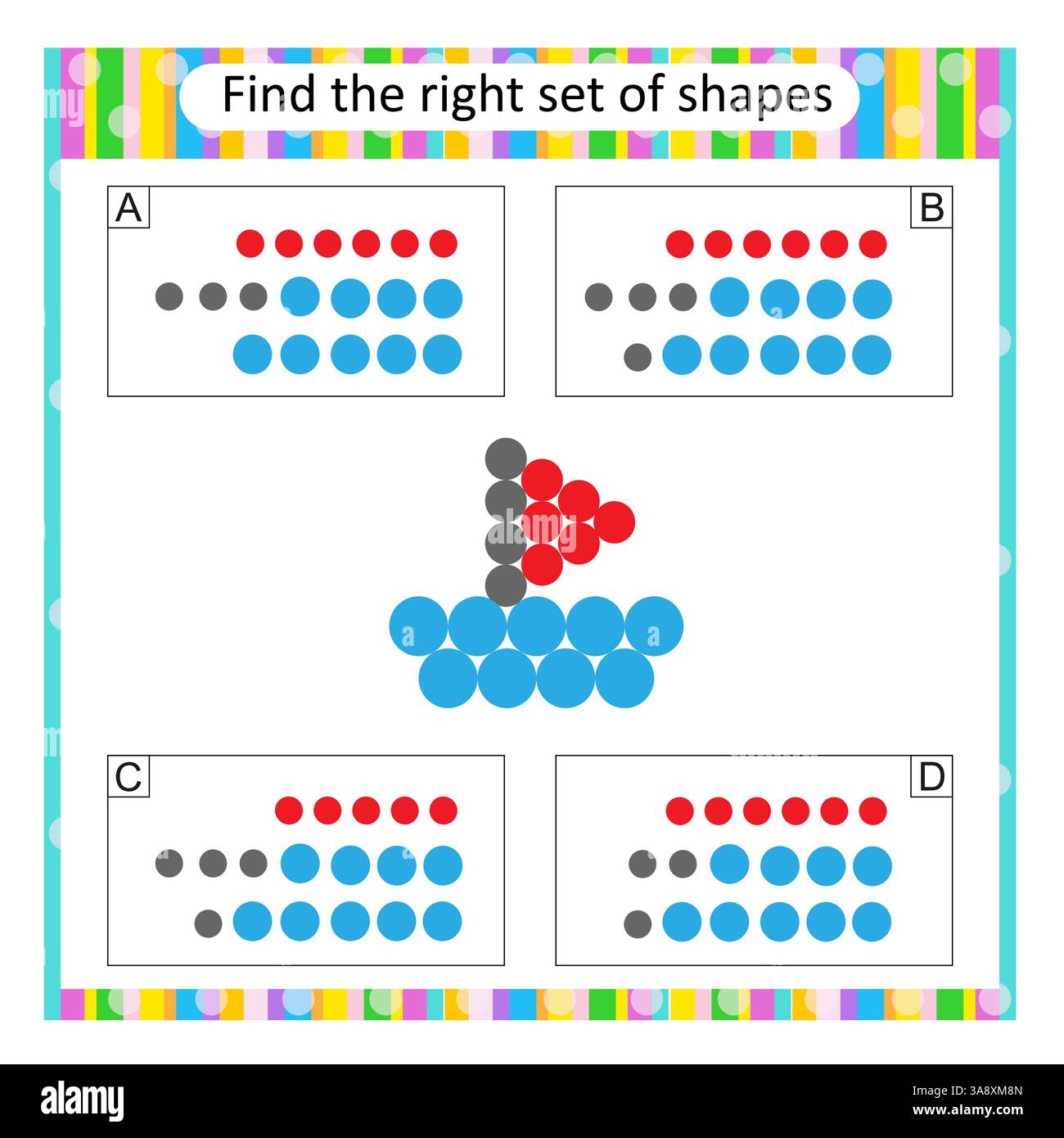 Logic puzzle for children. Find the correct set of cartoon sailboat. Vector illustration. Answer ...