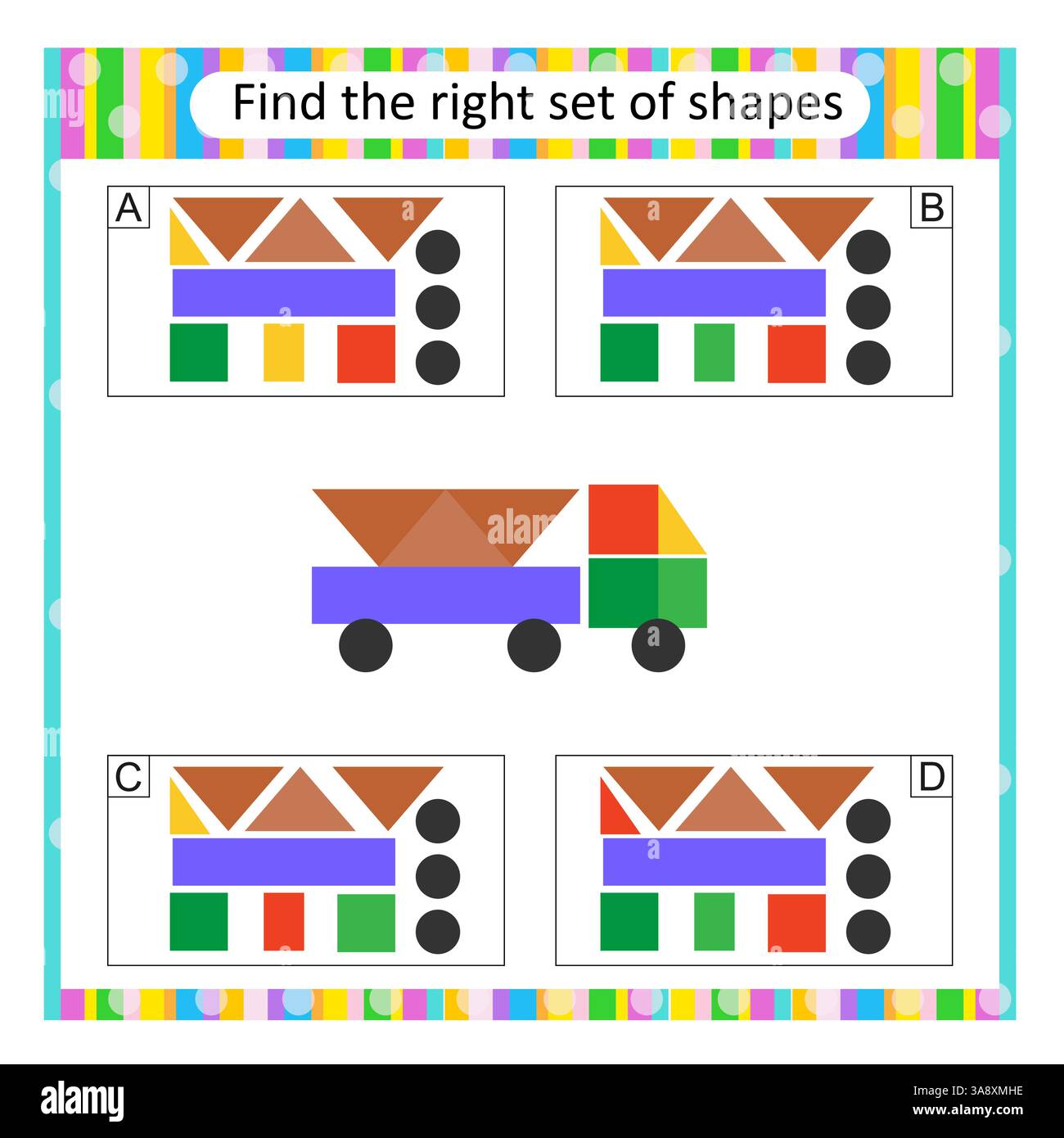 Puzzle for kids. Find the correct set of cartoon truck. Vector ...