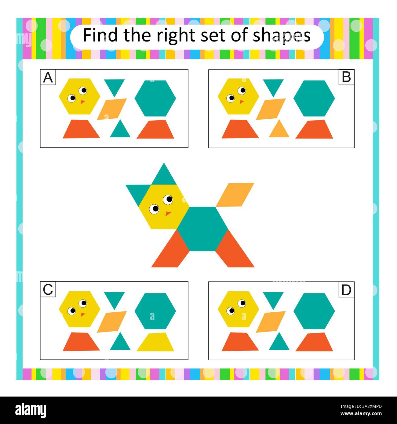 Logic puzzle for children. Find the correct set of cartoon animal ...