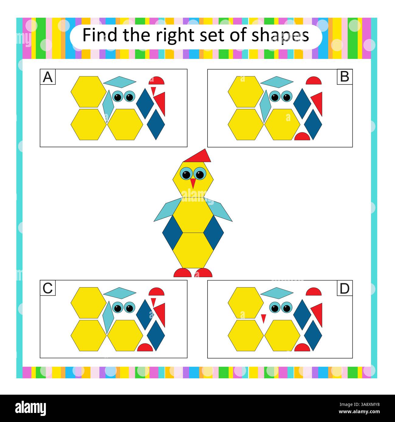 Logic puzzle for kids. Find the correct set of cartoon penguin. Preschool worksheet activity ...