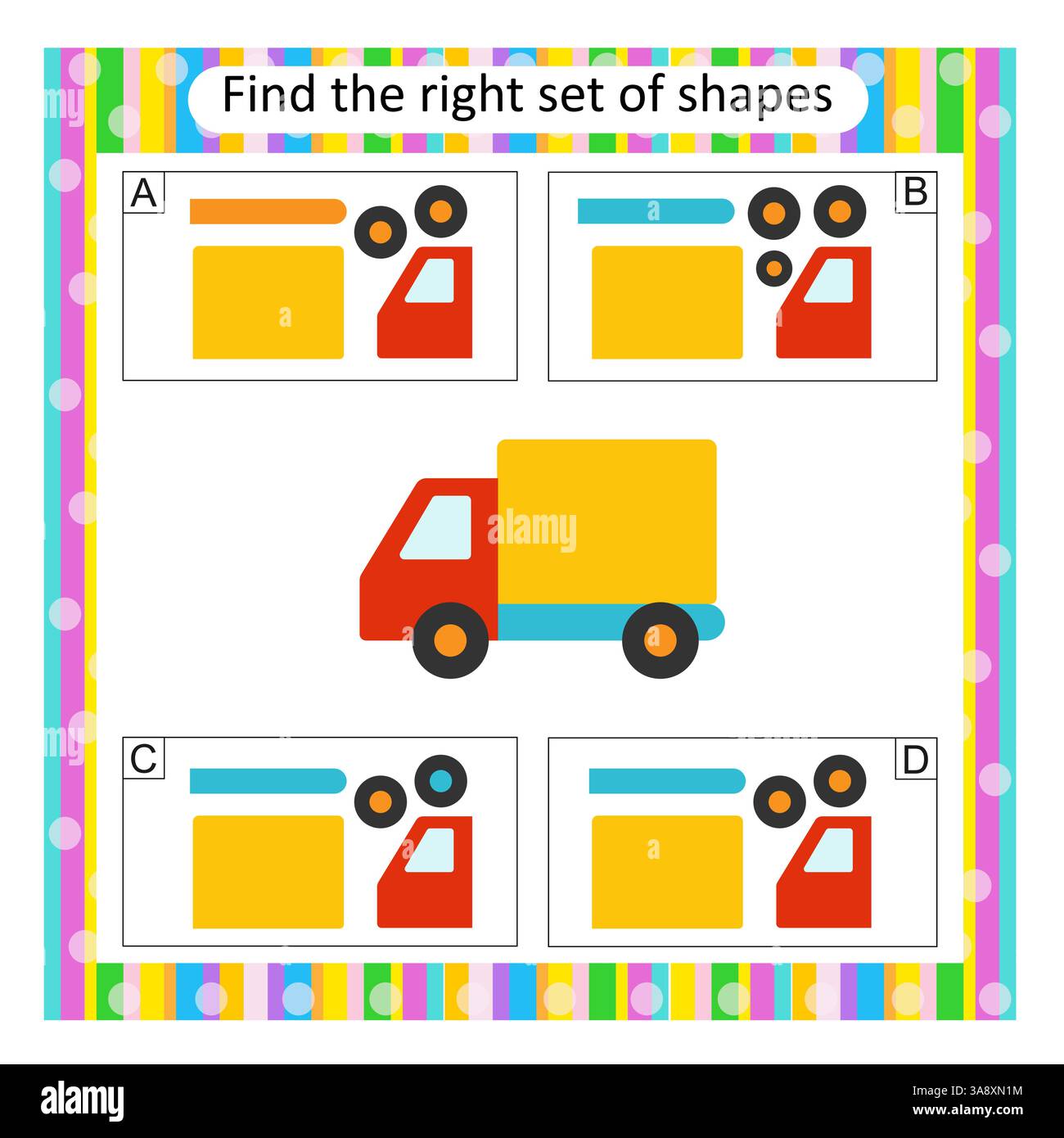 Logic puzzle for children. Find the correct set of cartoon truck ...