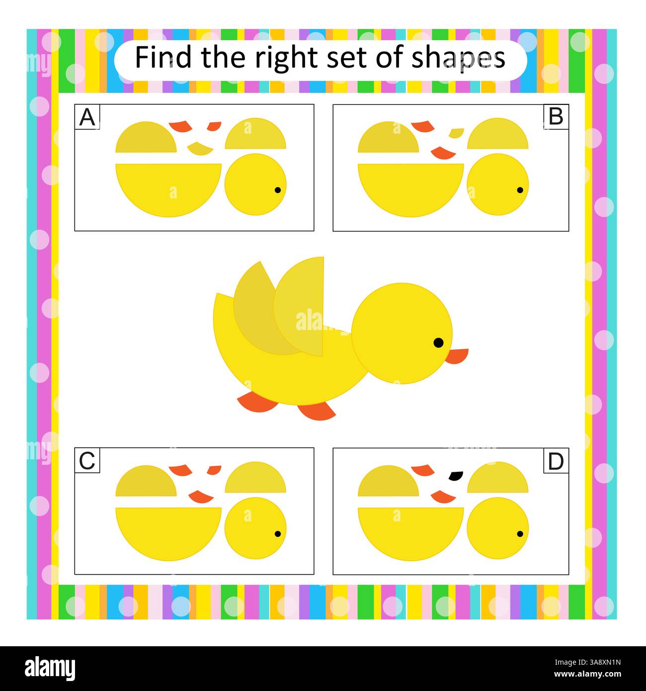 Logic puzzle for children. Find the correct set of cartoon duck ...