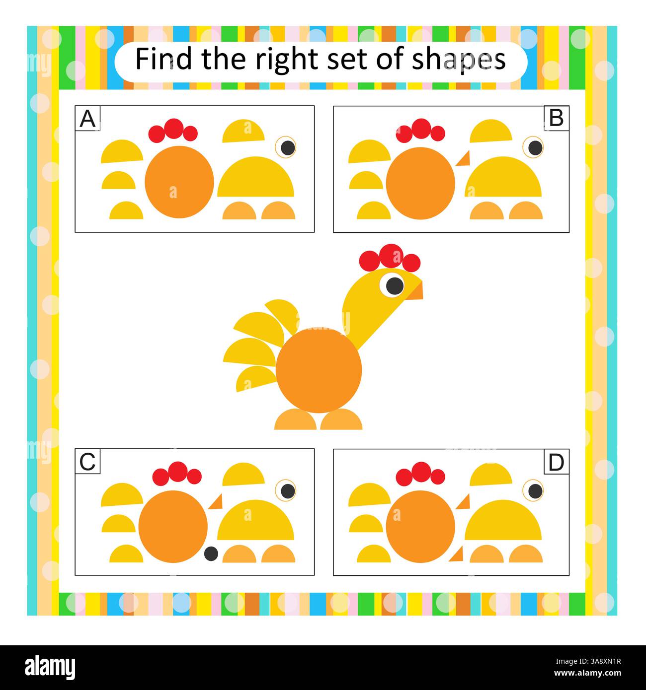 Logic puzzle for children. Find the correct set of cartoon rooster. Preschool worksheet activity ...