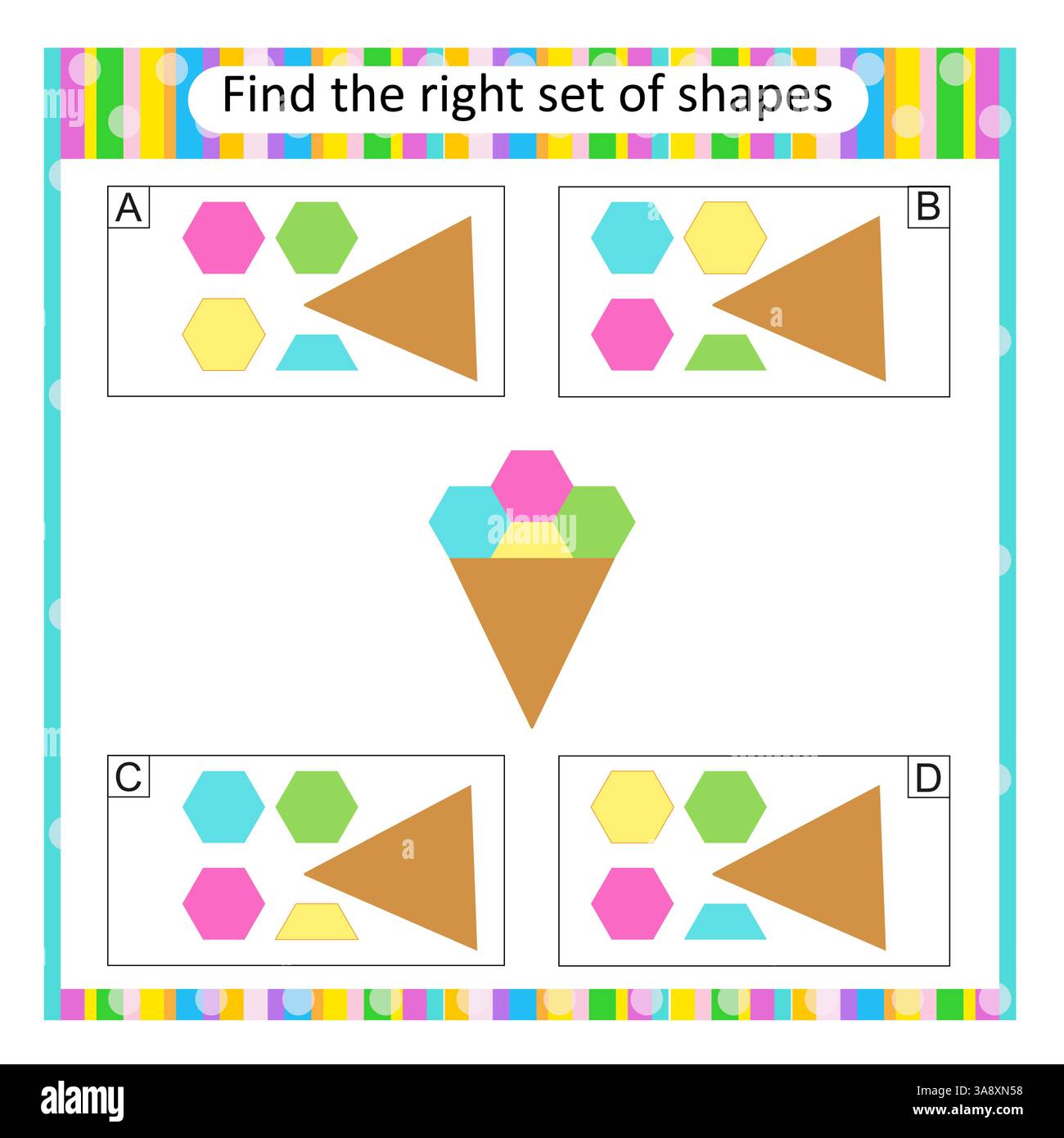 Logic puzzle for children. Find the correct set of cartoon ice cream. Preschool worksheet ...