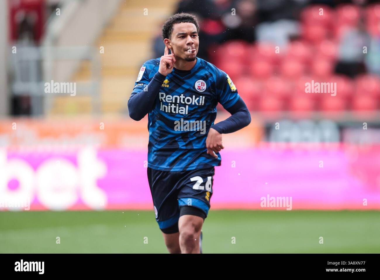 Rotherham, UK. 29th Mar, 2025. Kamari Doyle of Crawley Town celebrates ...