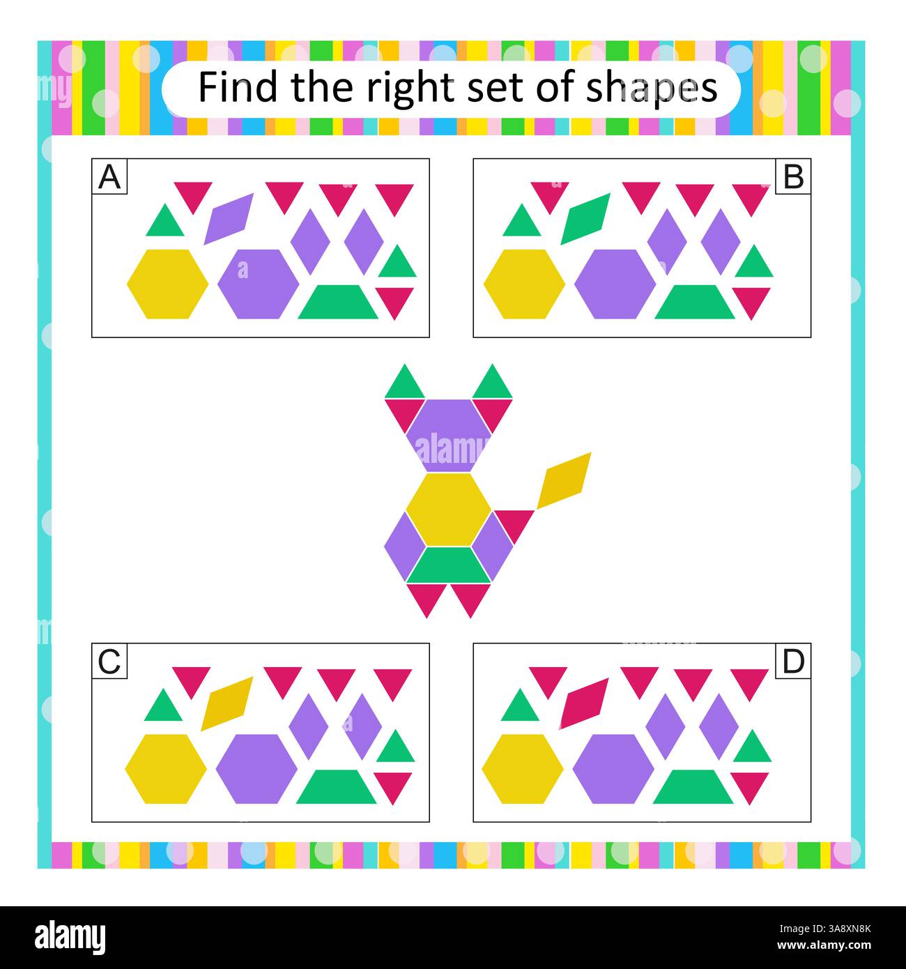 Puzzle for kids. Attention task. Find the correct set of cartoon animal ...