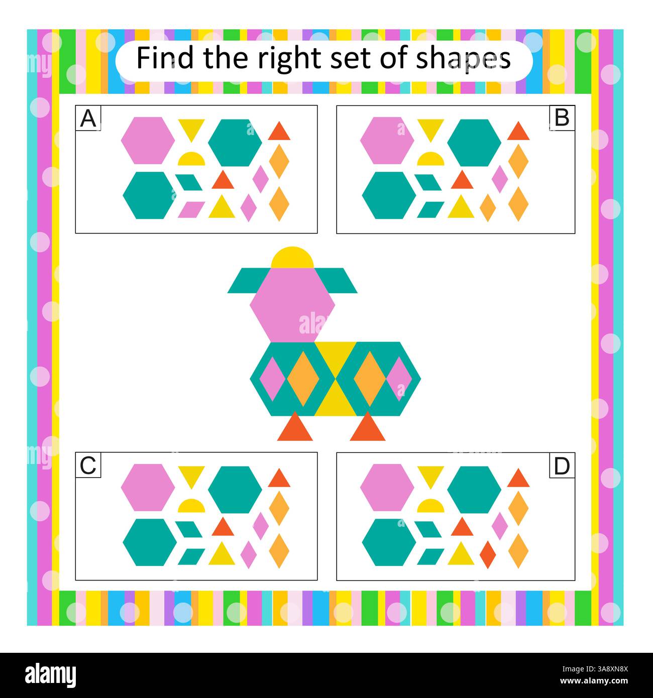 Logic puzzle for kids. Find the correct set of cartoon animal. Answer ...