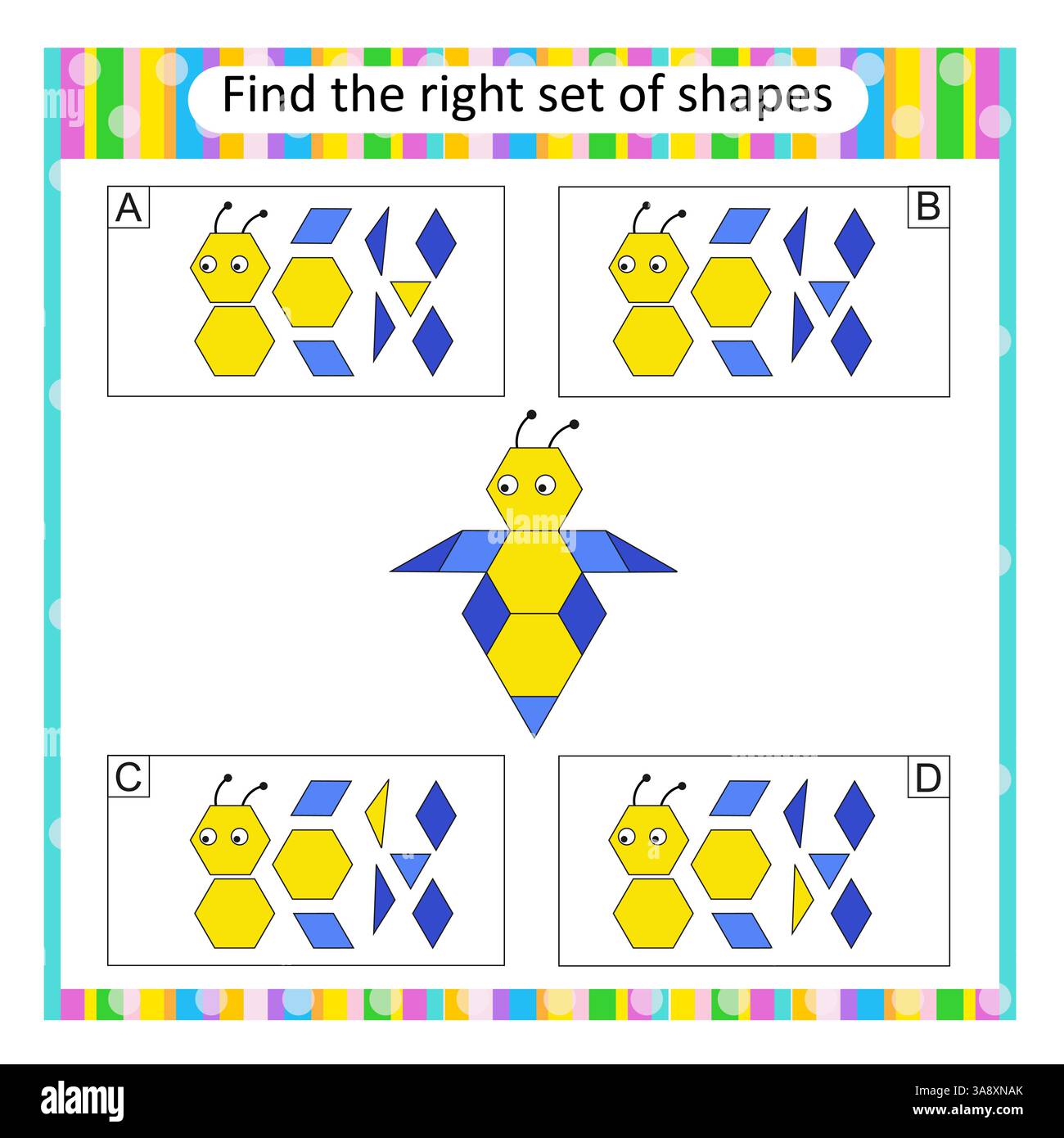 Logic puzzle for children. Find the correct set of cartoon bee. Preschool worksheet activity ...