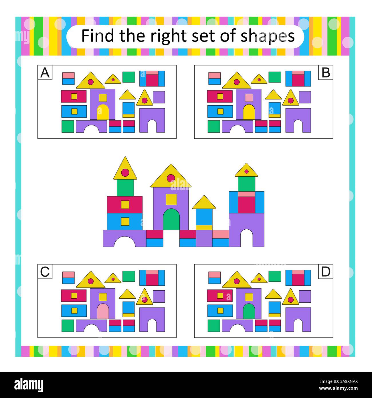 Puzzle for kids. Attention task. Find the correct set of cartoon castle ...