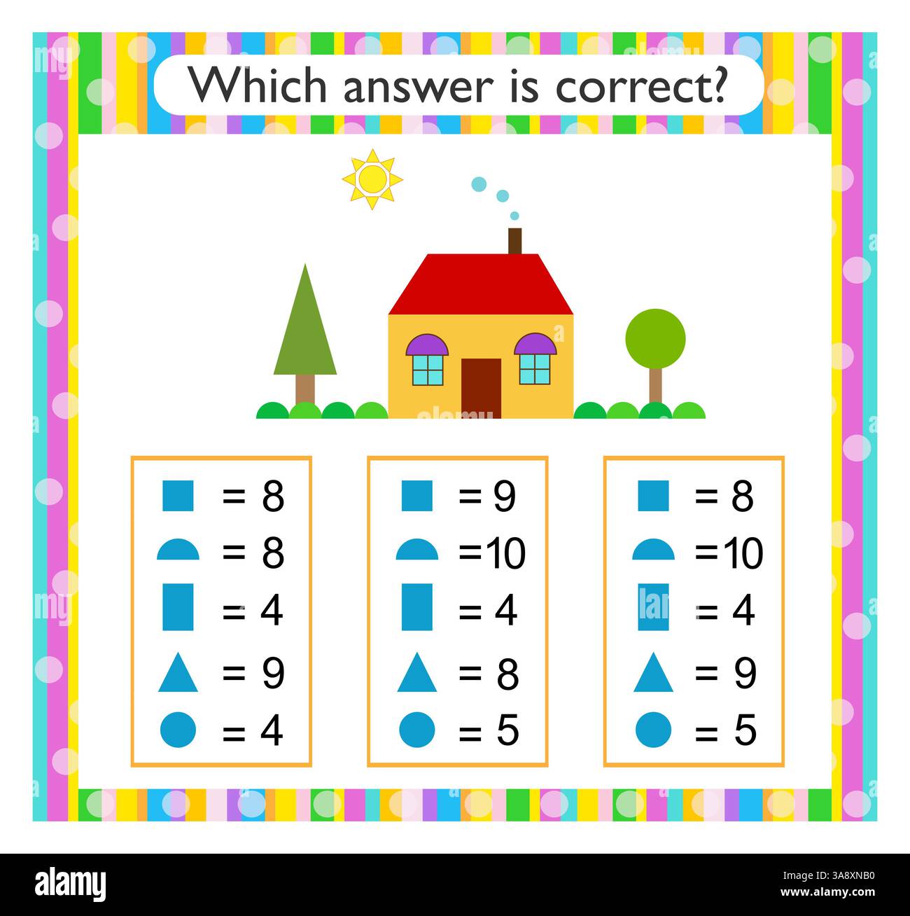 Math activity for kids. Find the correct answer. Cartoon house. Vector ...