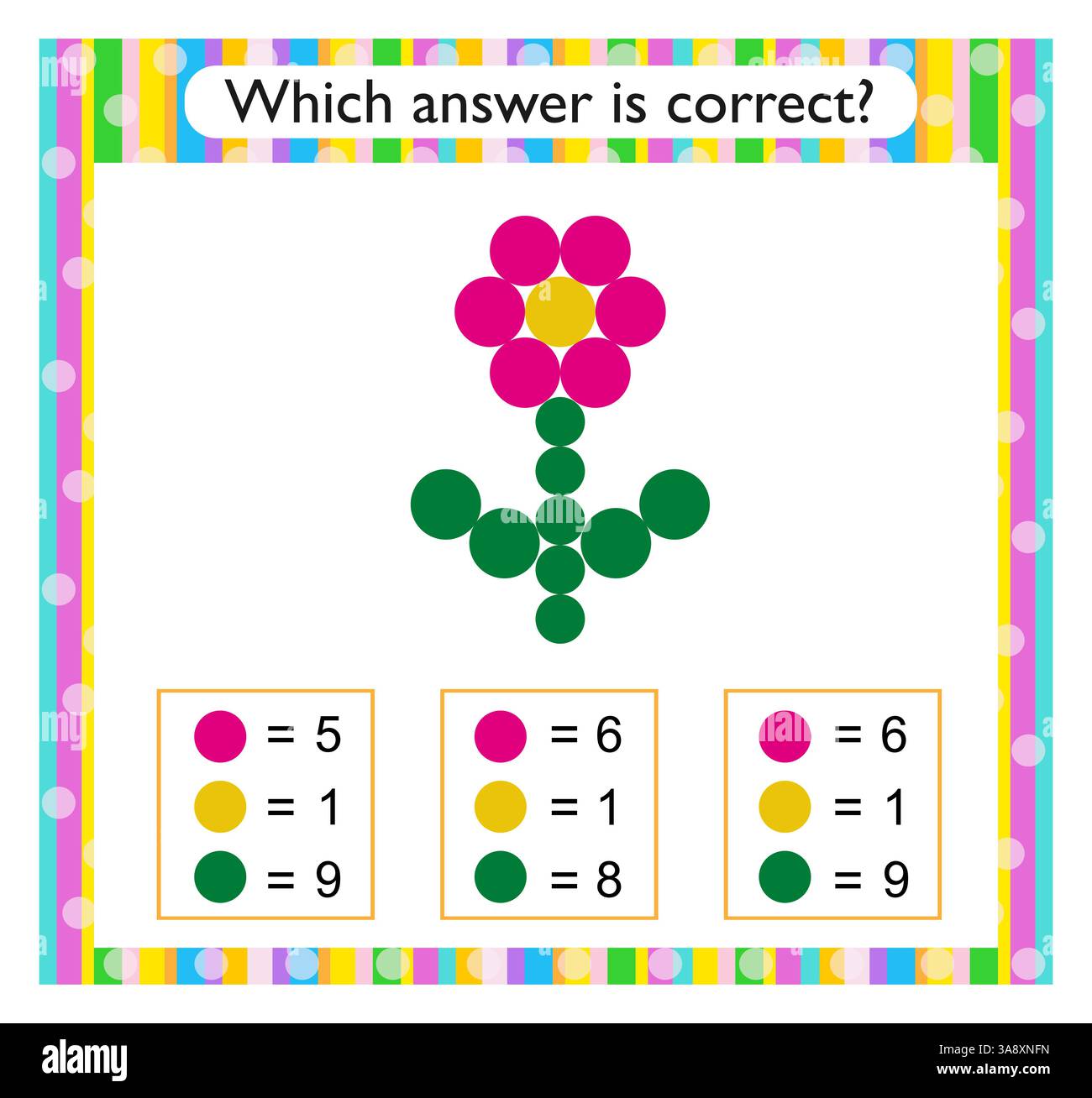 Math activity for kids. Find the correct answer. Cartoon pink flower ...