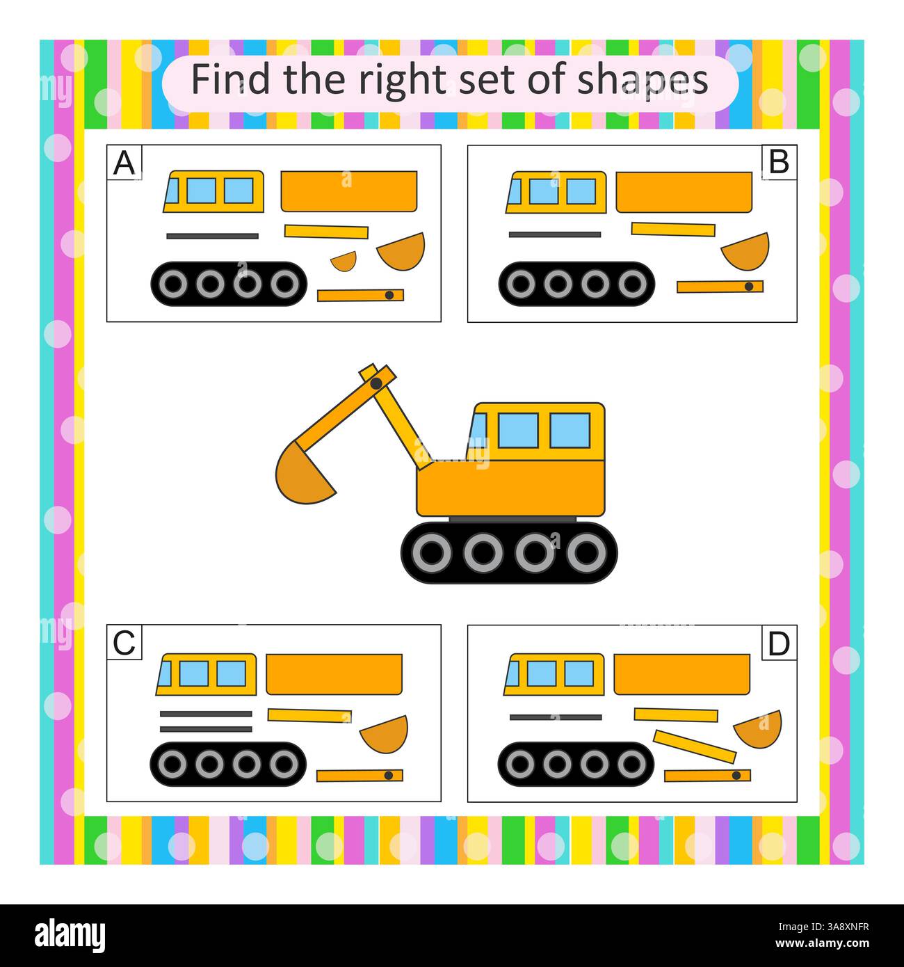 Logic puzzle for kids. Find the correct set of excavator. Preschool worksheet activity. Vector ...