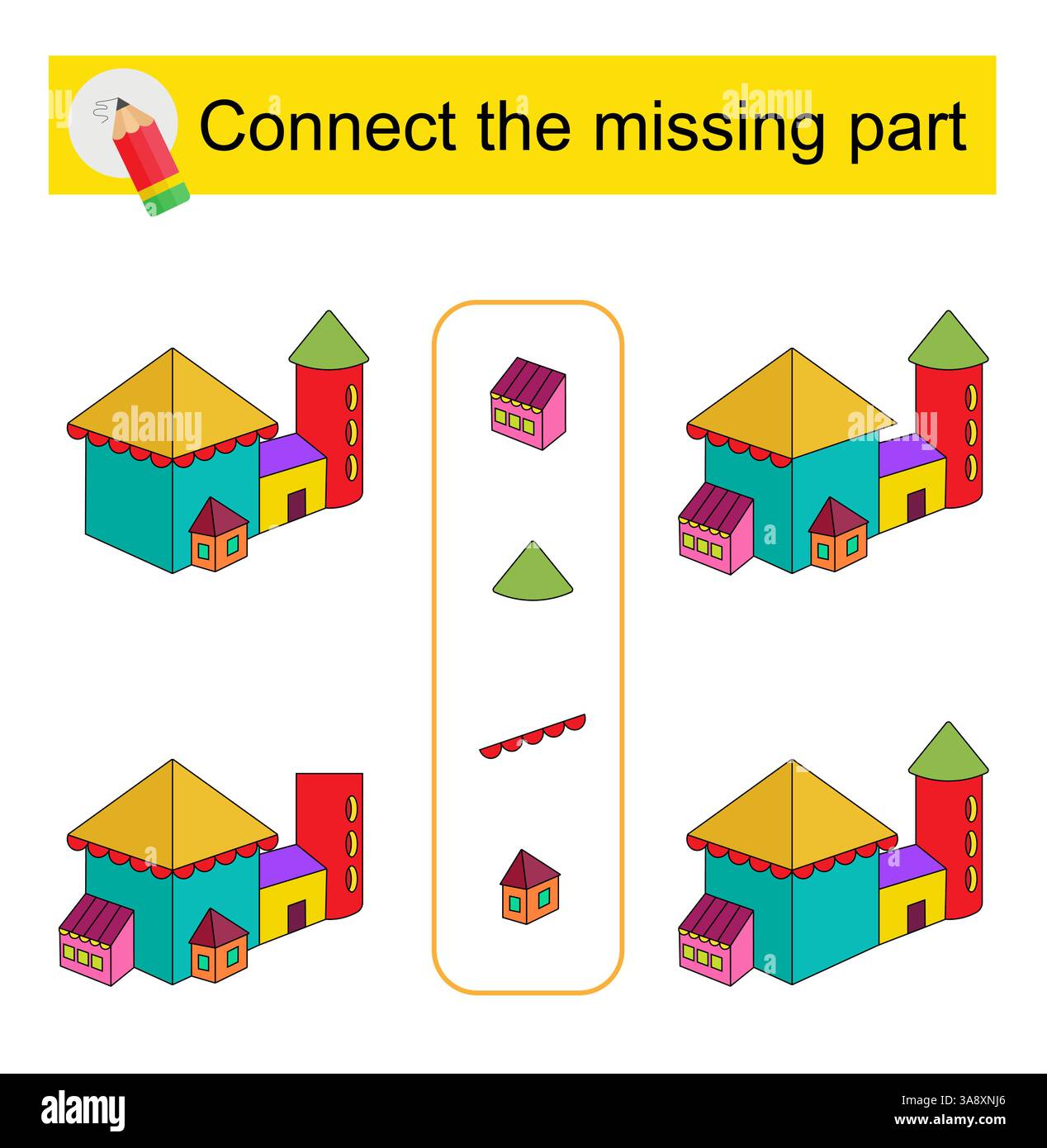 Connect the missing part. Attention task for kids. Cartoon house ...