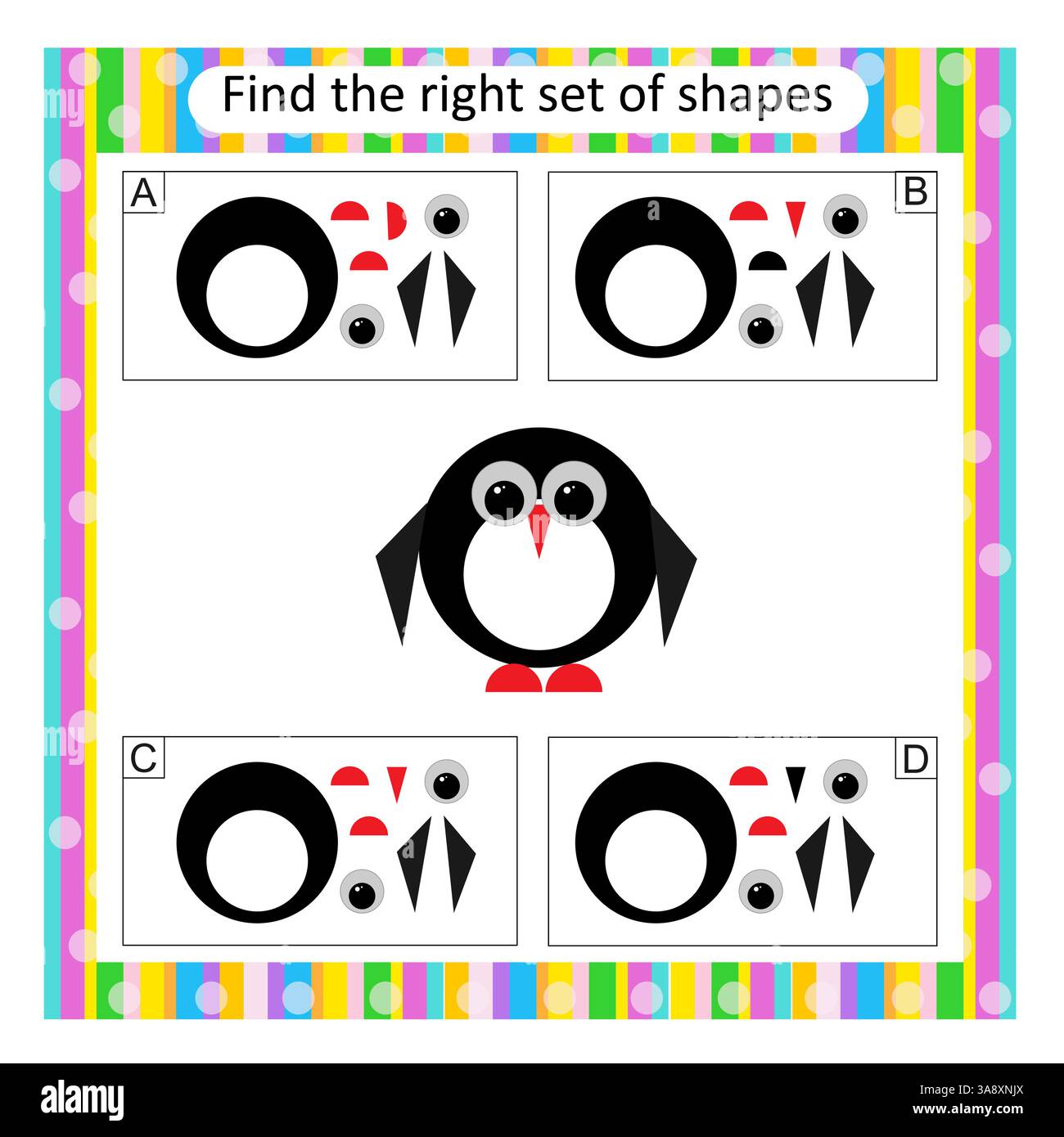 Logic puzzle for children. Find the correct set of cartoon penguin. Preschool worksheet activity ...