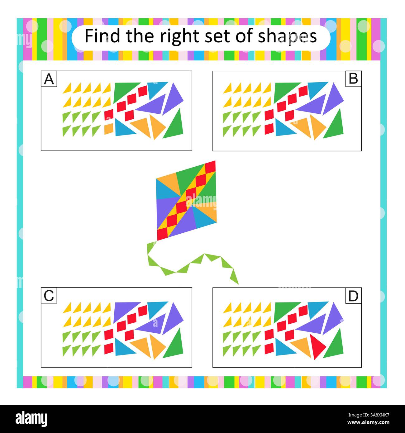 Logic puzzle for kids. Find the correct set of cartoon kite toy. Answer ...