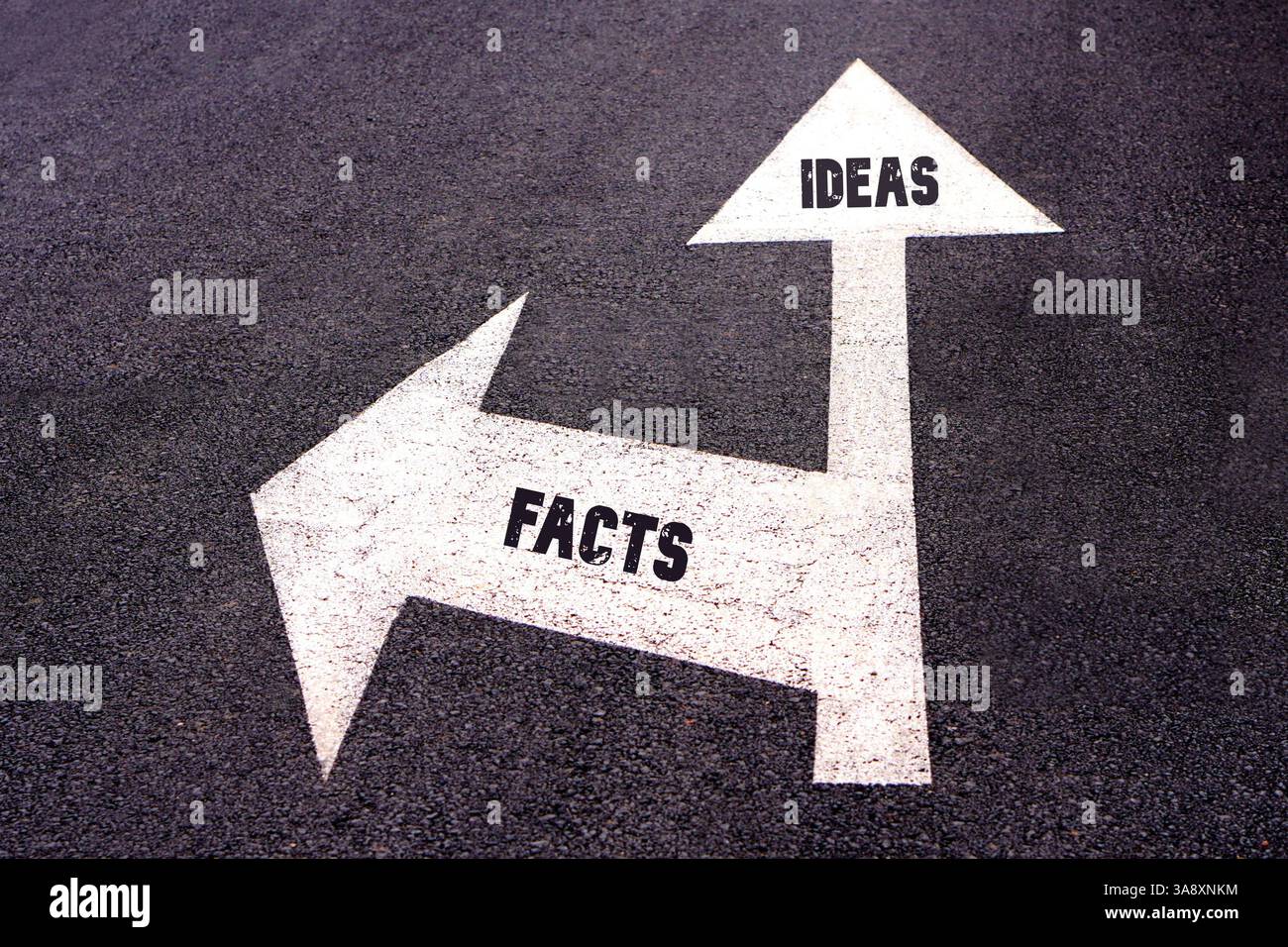 ideas and facts concepts. dichotomy represented with road arrows ...