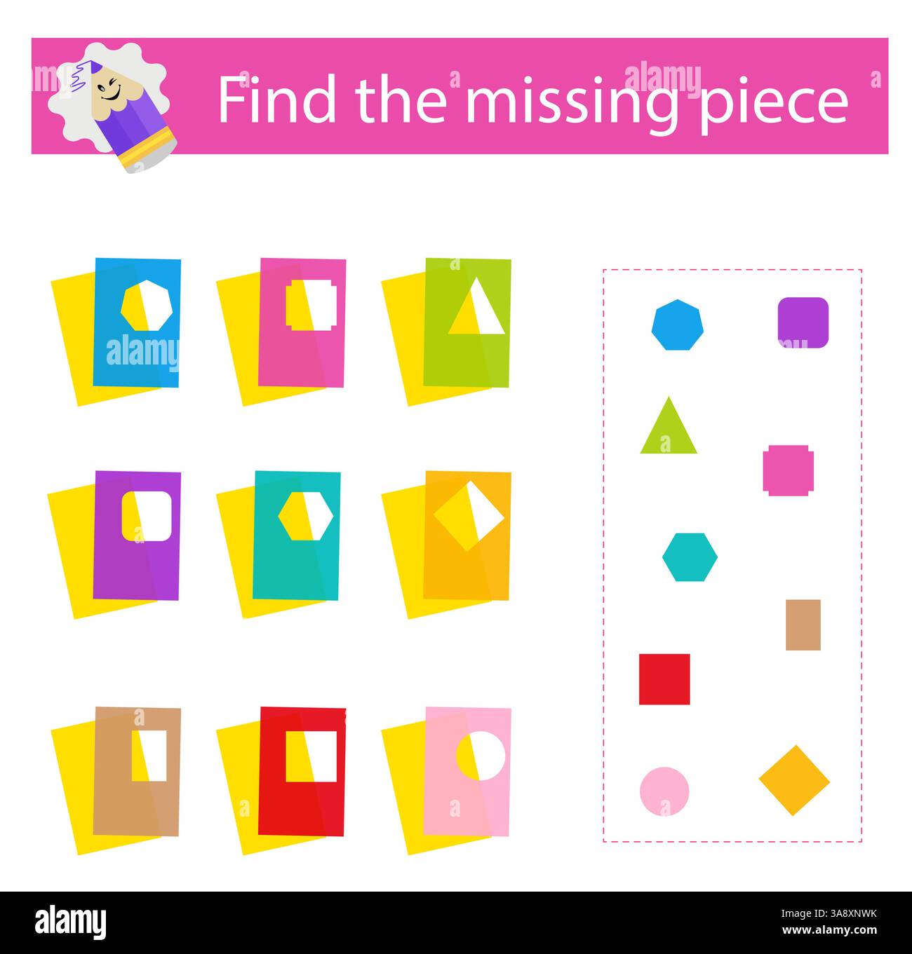 Puzzle game for kids. Find the missing piece for each sheet of paper ...