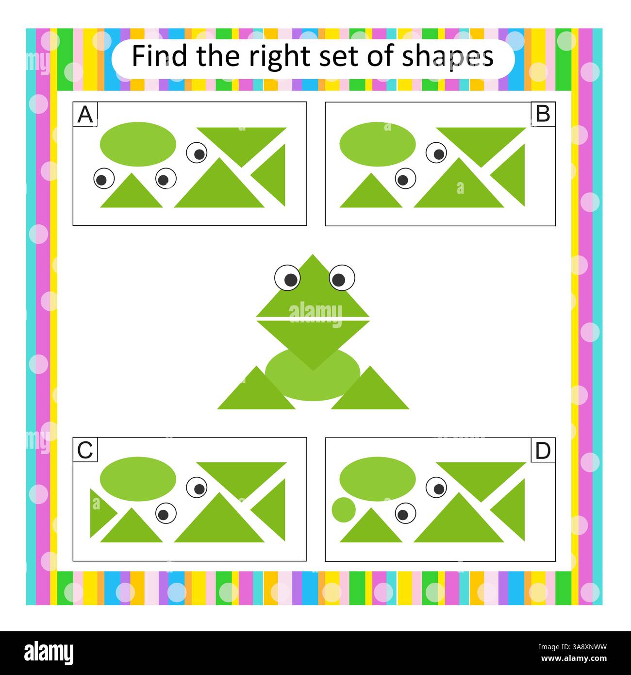 Logic puzzle for children. Find the correct set of cartoon frog. Preschool worksheet activity ...