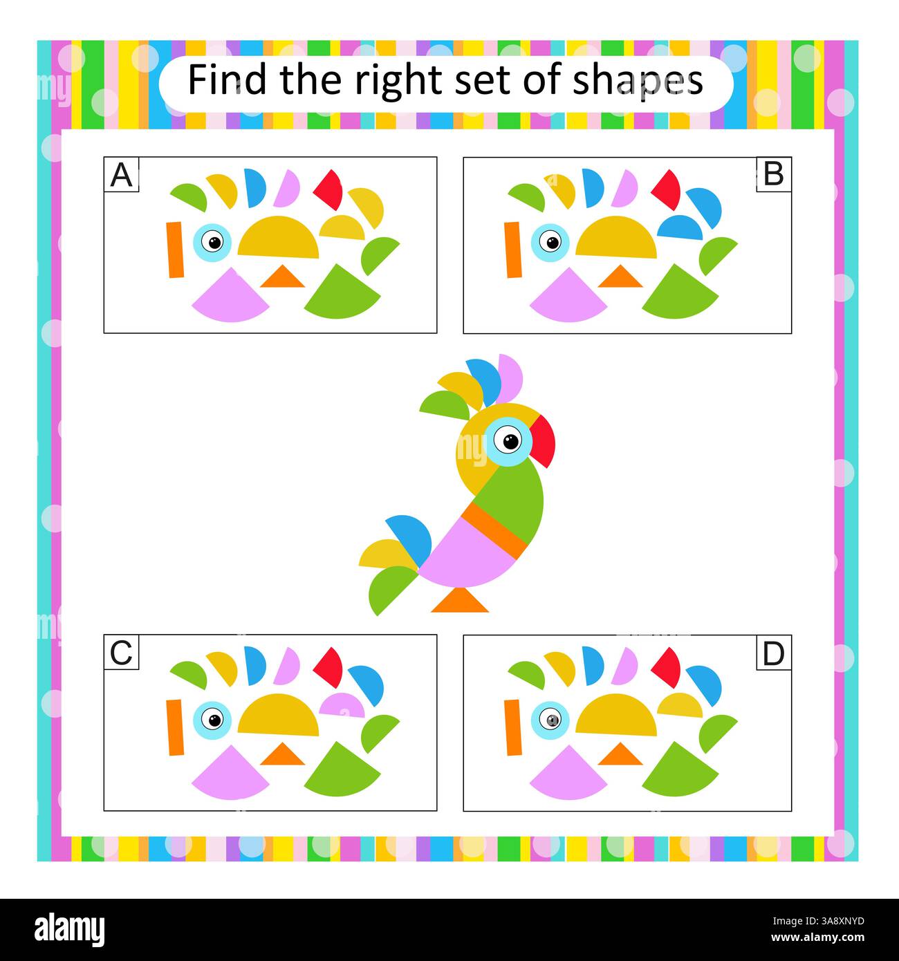 Logic puzzle for children. Find the correct set of cartoon parrot. Preschool worksheet activity ...