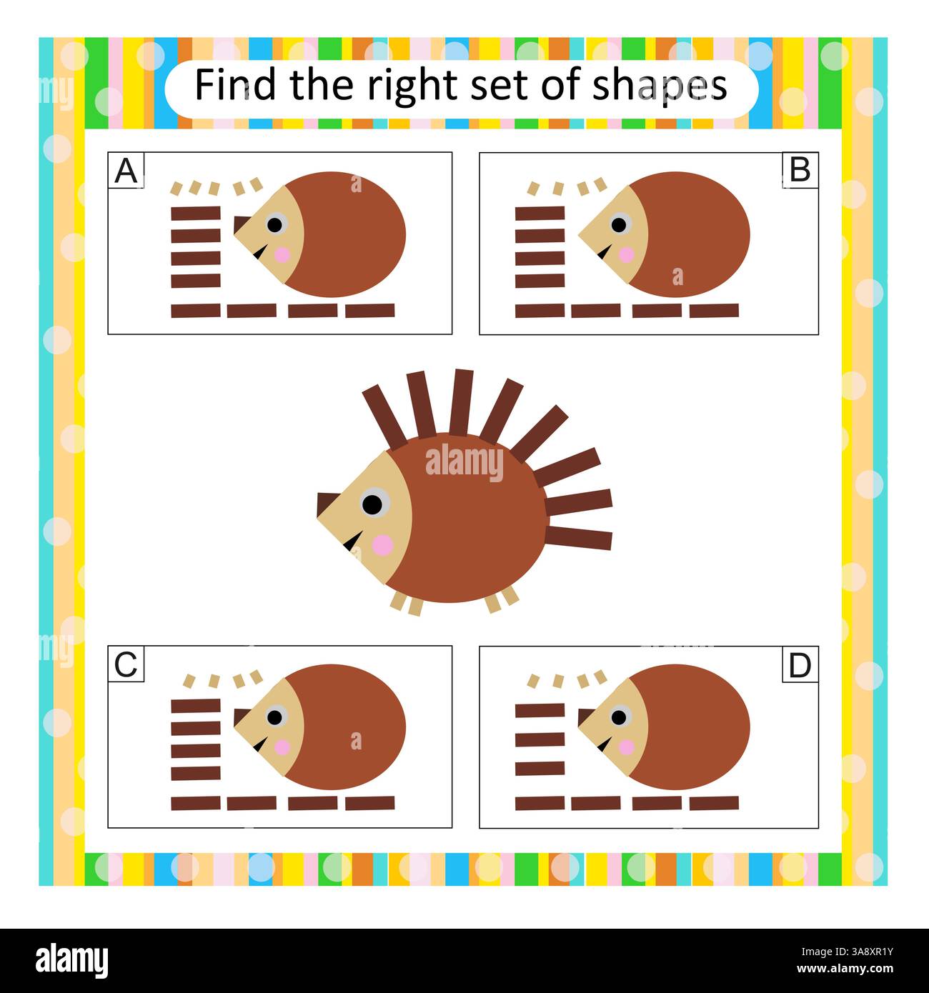 Logic puzzle for children. Find the correct set of cartoon hedgehog. Preschool worksheet ...