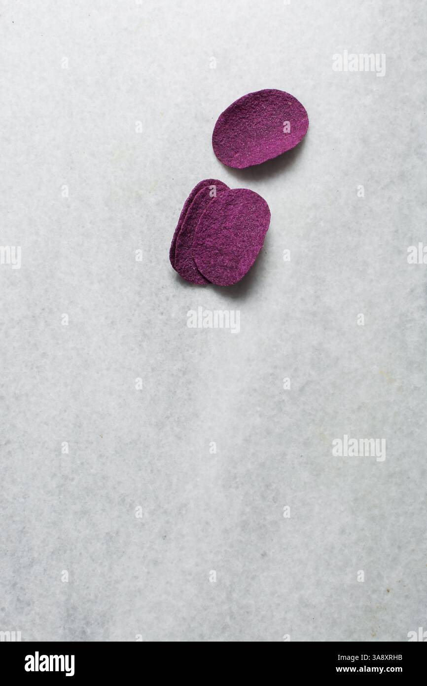 Overhead view of purple sweet potato chips, top view of ube chips ...