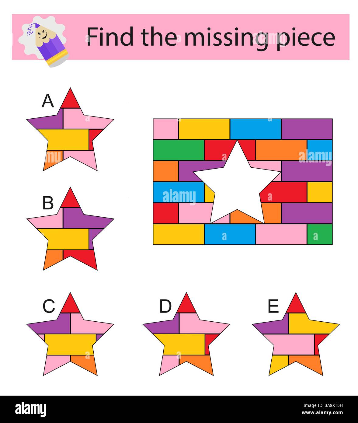 Logic puzzle for kids. Find the missing piece. Children activity page. Vector illustration ...