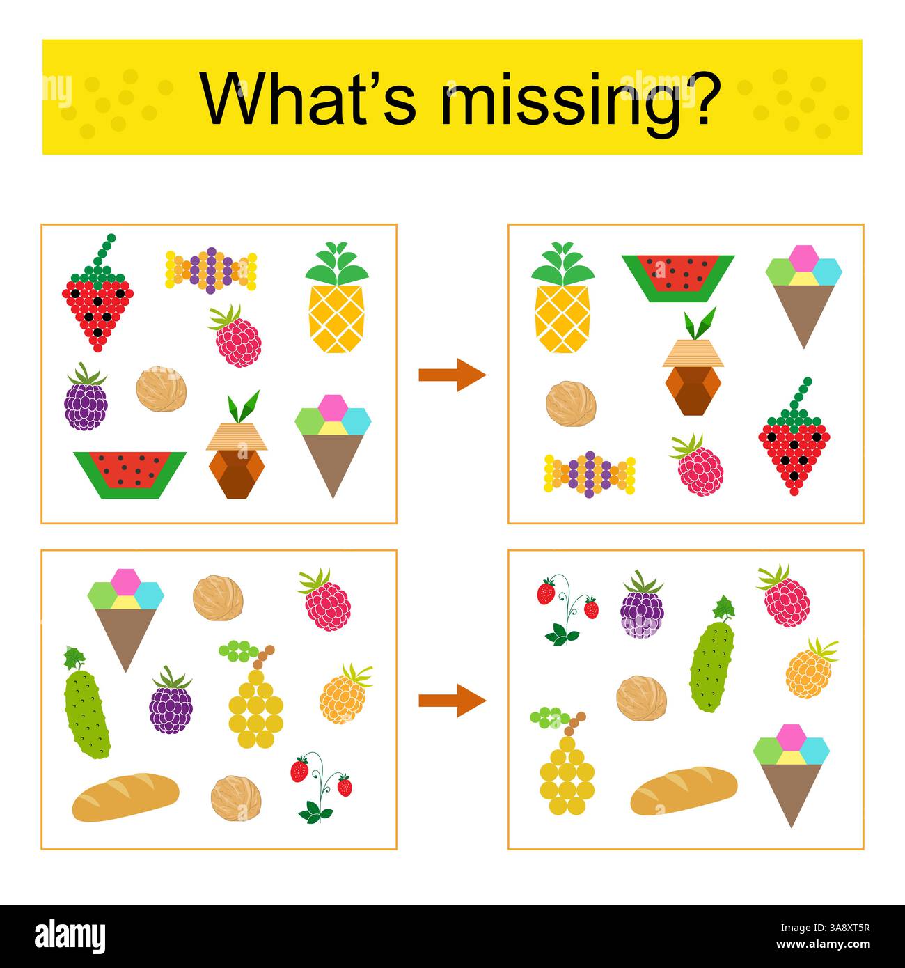 Puzzle game for kids. Task for the development of attention and logic. Find the missing object ...