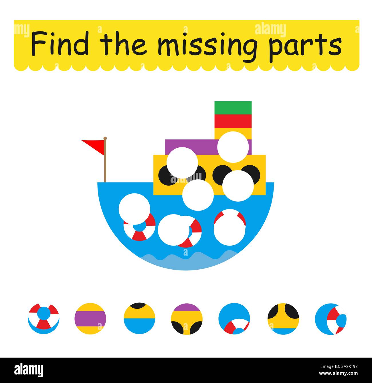 Game for children. Cute cartoon ship. Find the missing pieces. Vector ...
