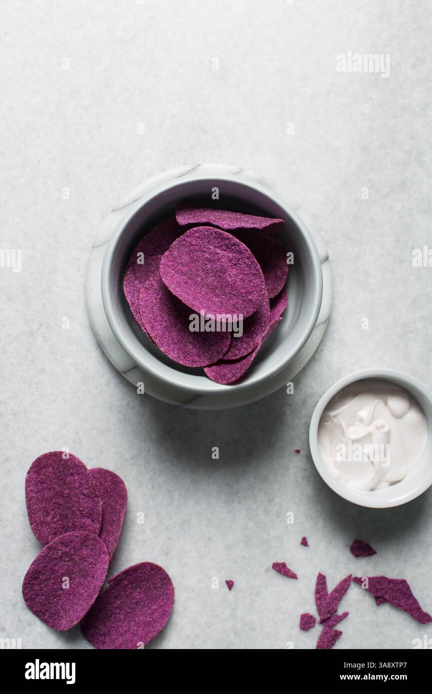 Overhead view of purple sweet potato chips, top view of ube chips ...
