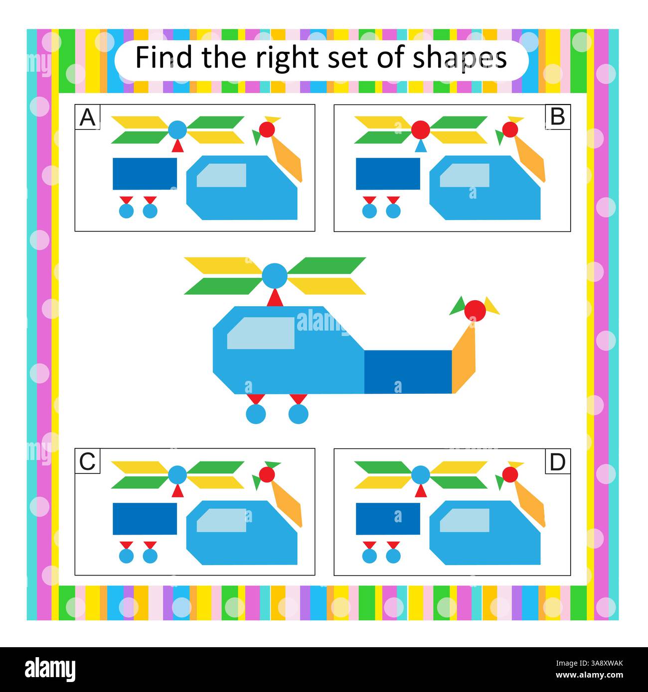 Logic puzzle for children. Find the correct set of helicopter. Preschool worksheet activity ...