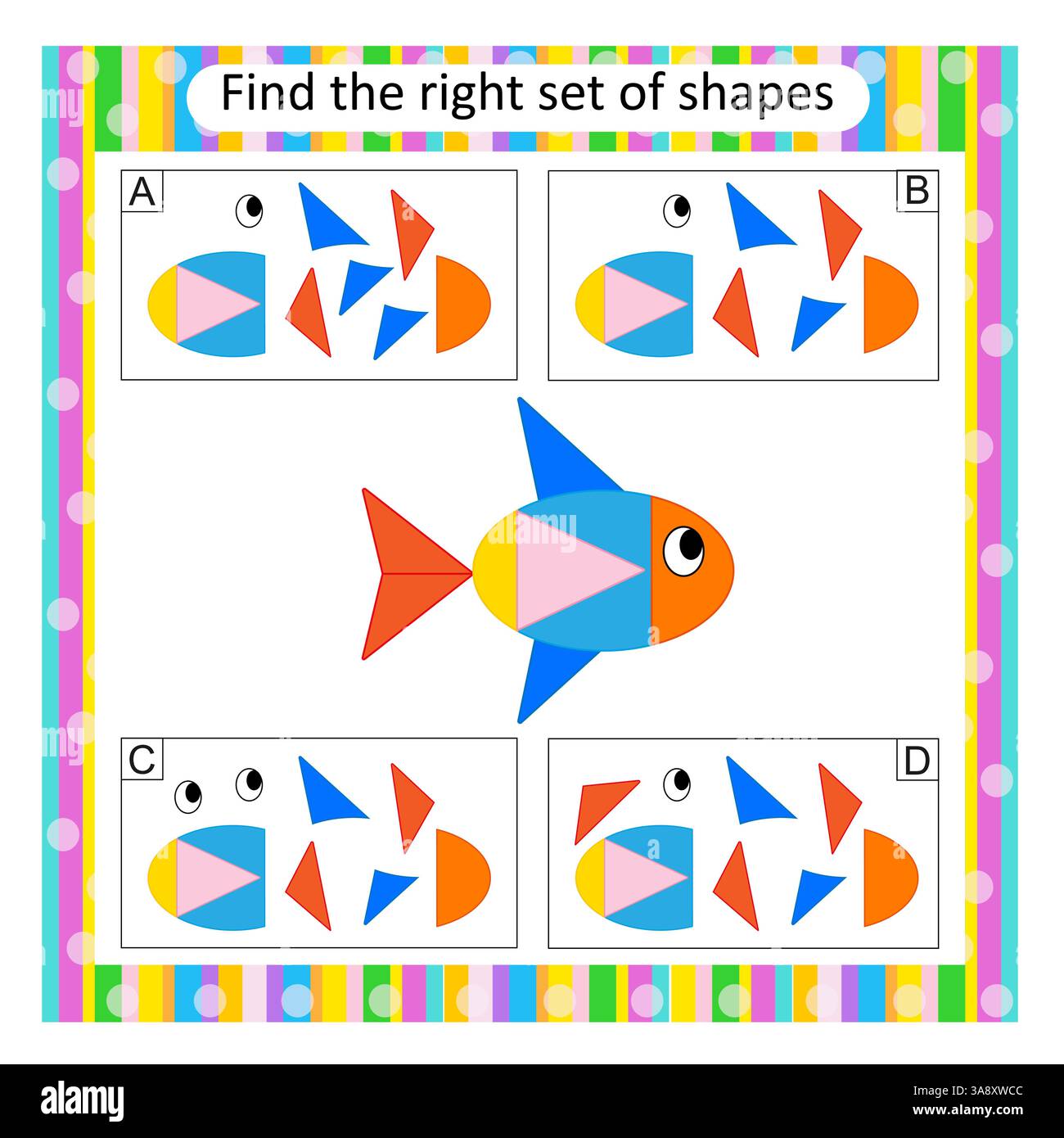 Logic puzzle for children. Find the correct set of fish. Preschool worksheet activity. Vector ...