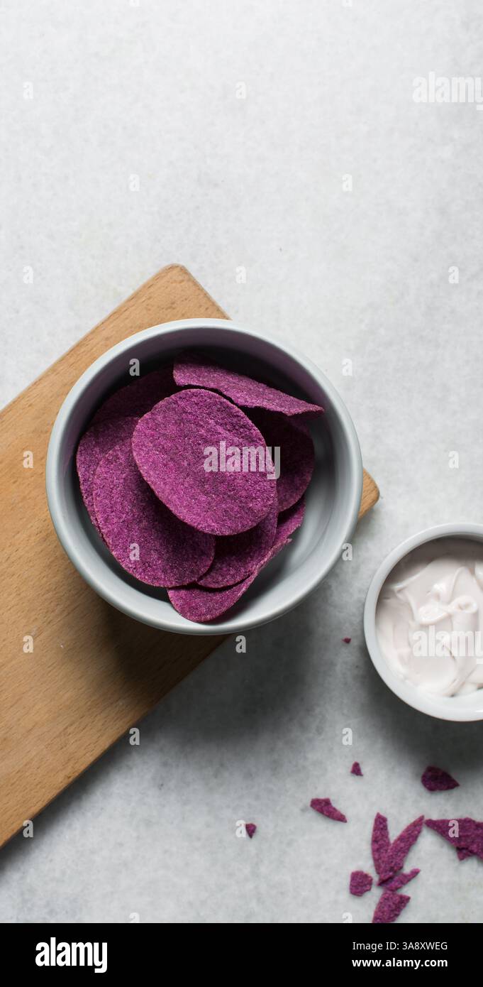 Overhead view of purple sweet potato chips, top view of ube chips ...