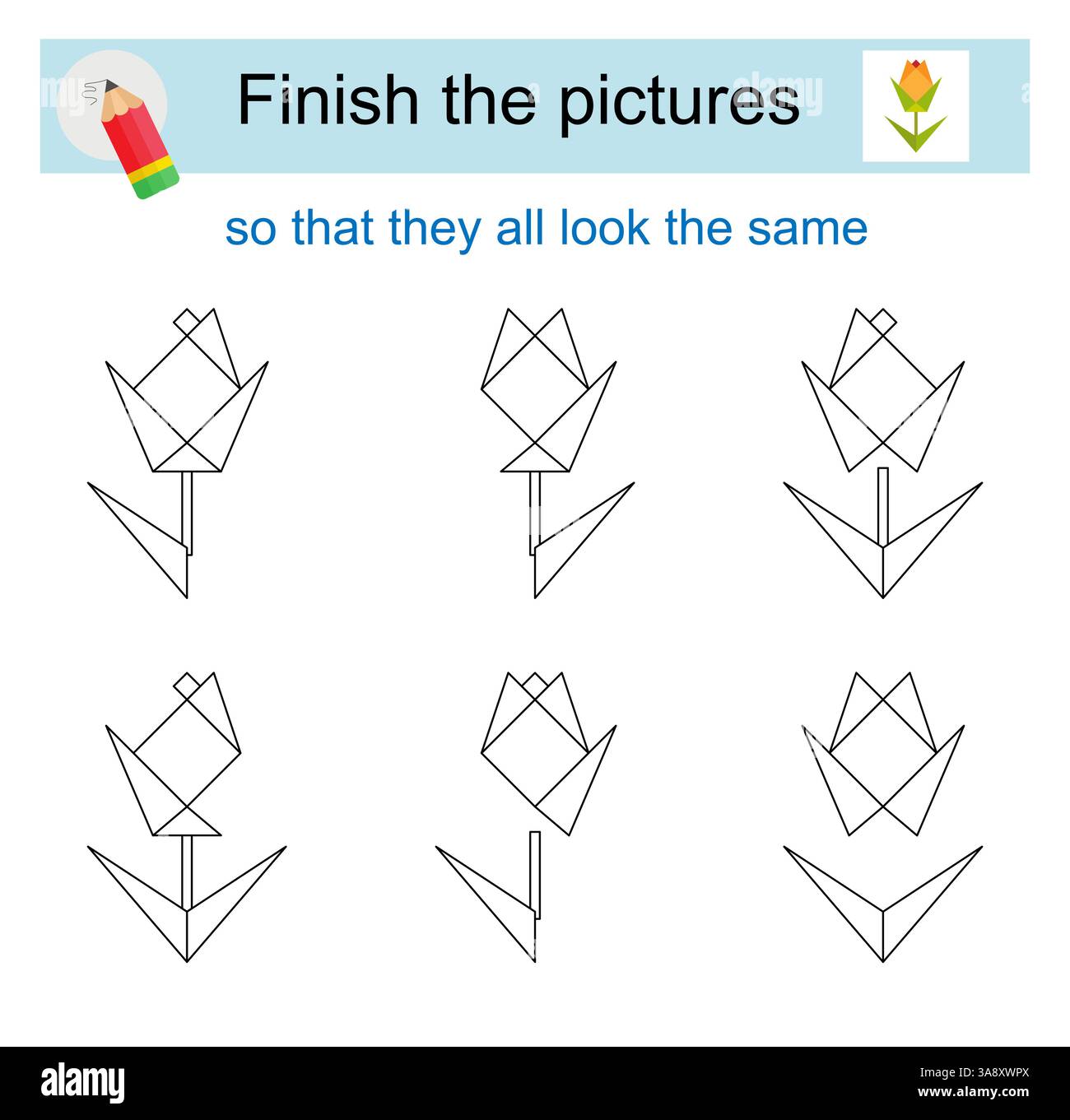 Activity for kids. Finish the pictures so that they all look the same ...