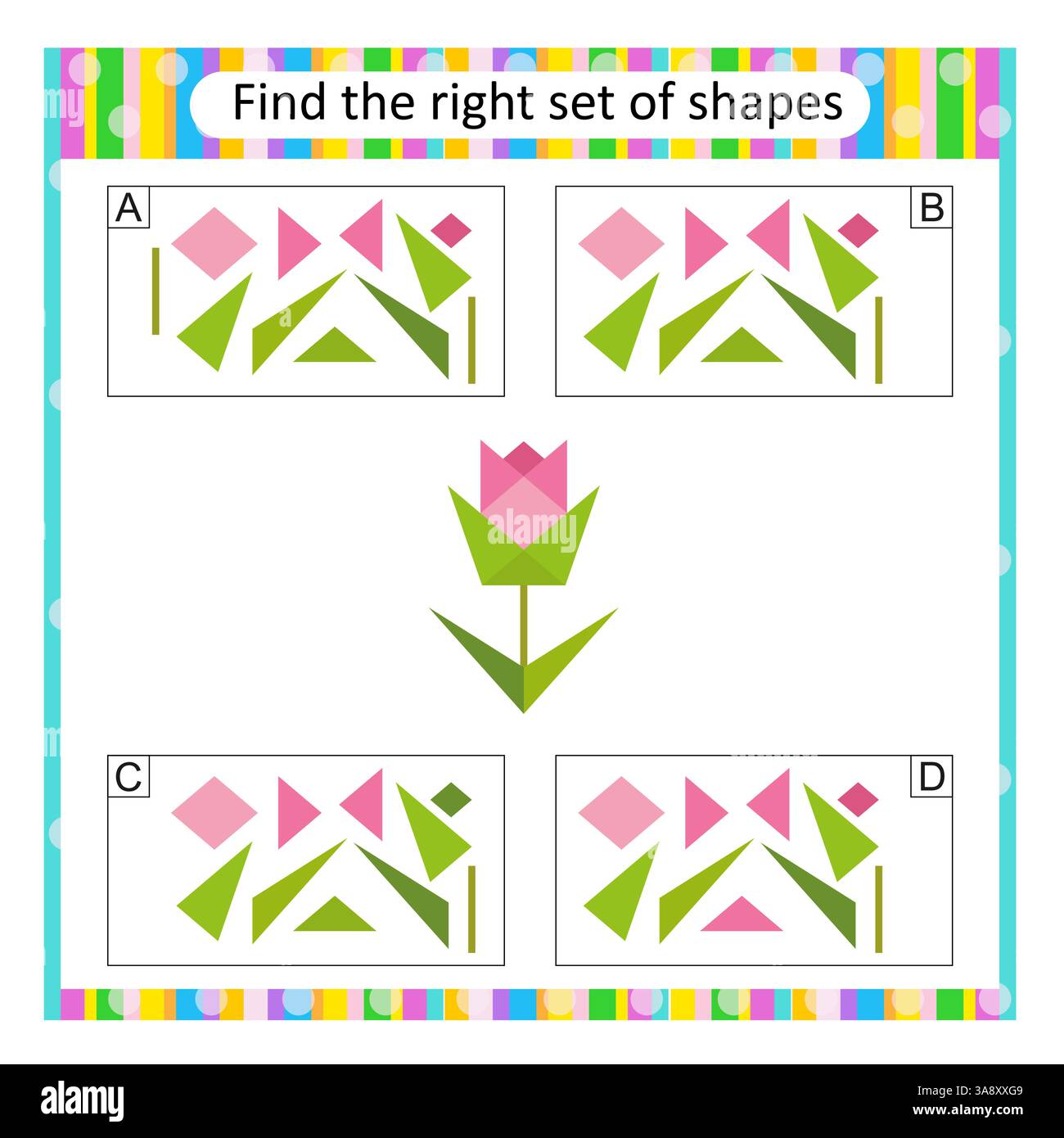 Puzzle for kids. Attention task. Find the correct set of cartoon flower. Vector illustration ...