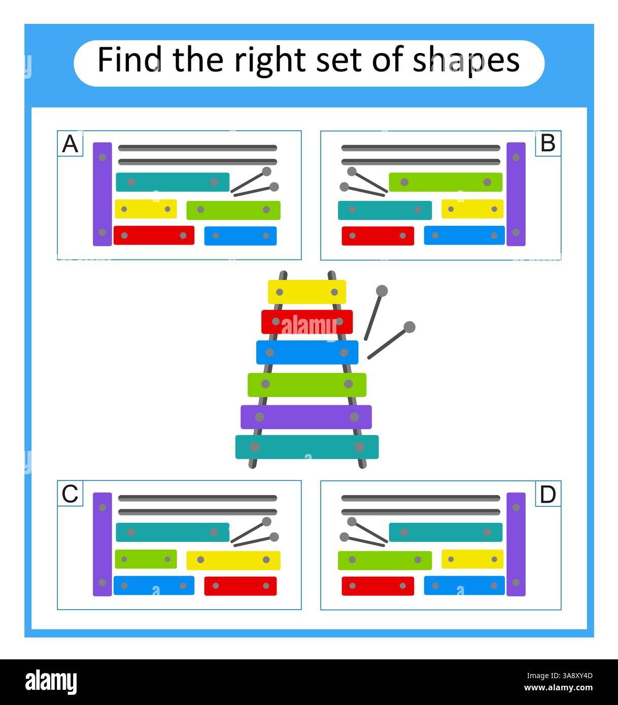Educational logical game for kids. Find the right set of geometric shapes. Preschool worksheet ...