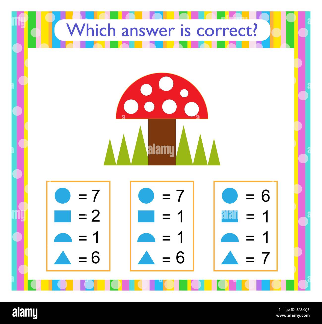 Math activity for kids. Find the correct answer. Cartoon mushroom ...