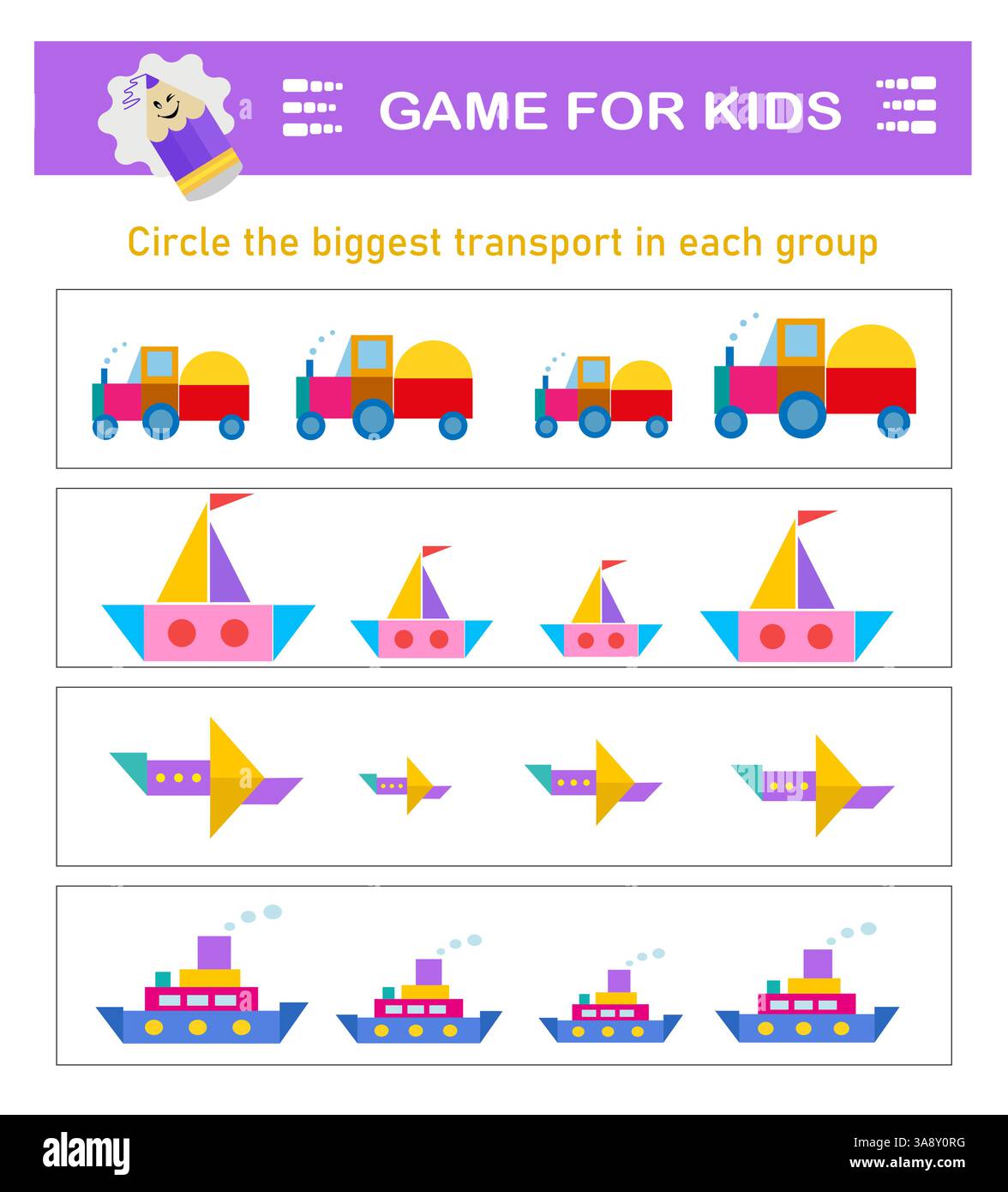Circle the biggest transport in each group. Puzzle game for kids ...