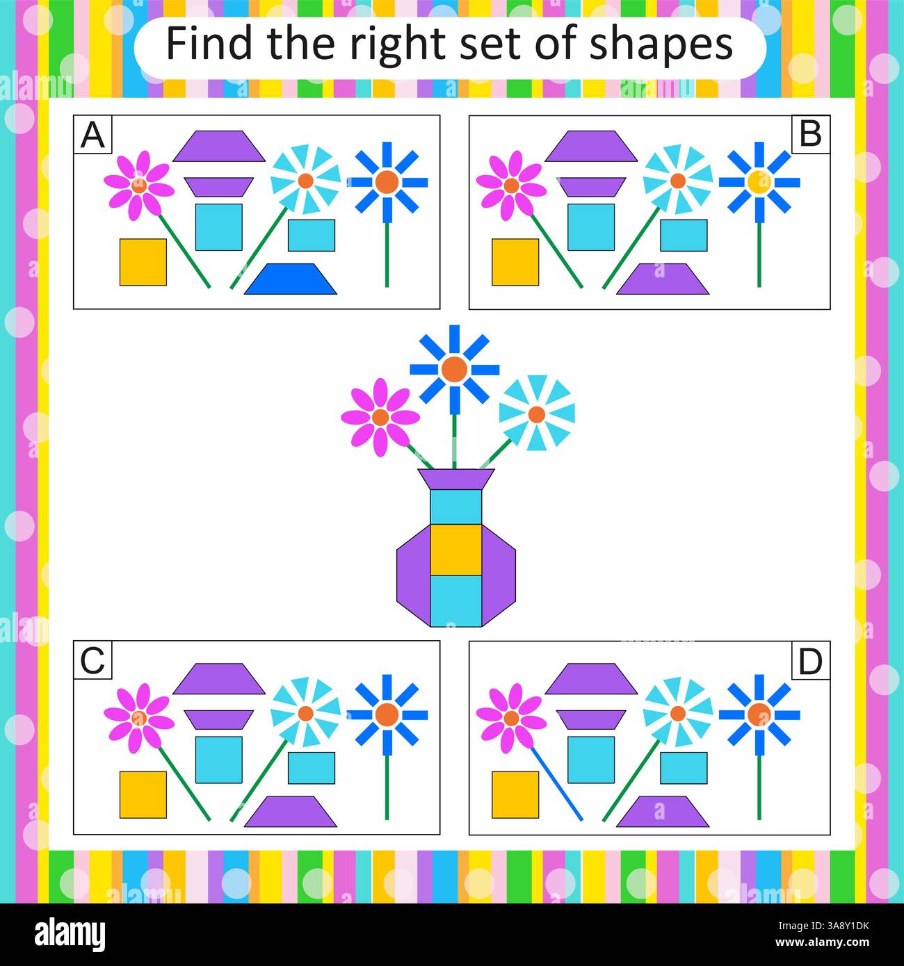 Logic puzzle for children. Find the correct set of flower vase. Preschool worksheet activity ...