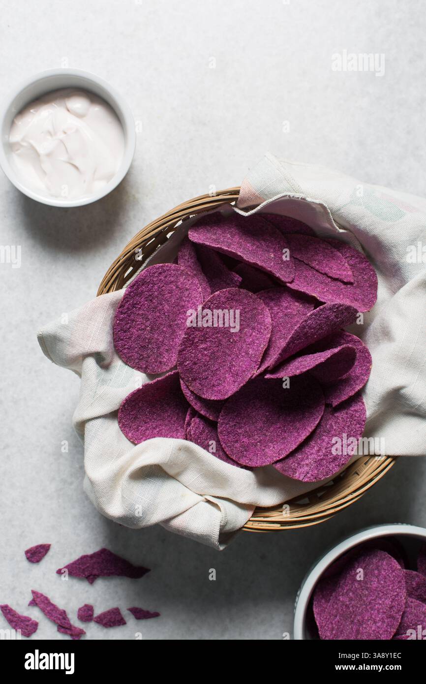 Overhead view of purple sweet potato chips, top view of ube chips ...