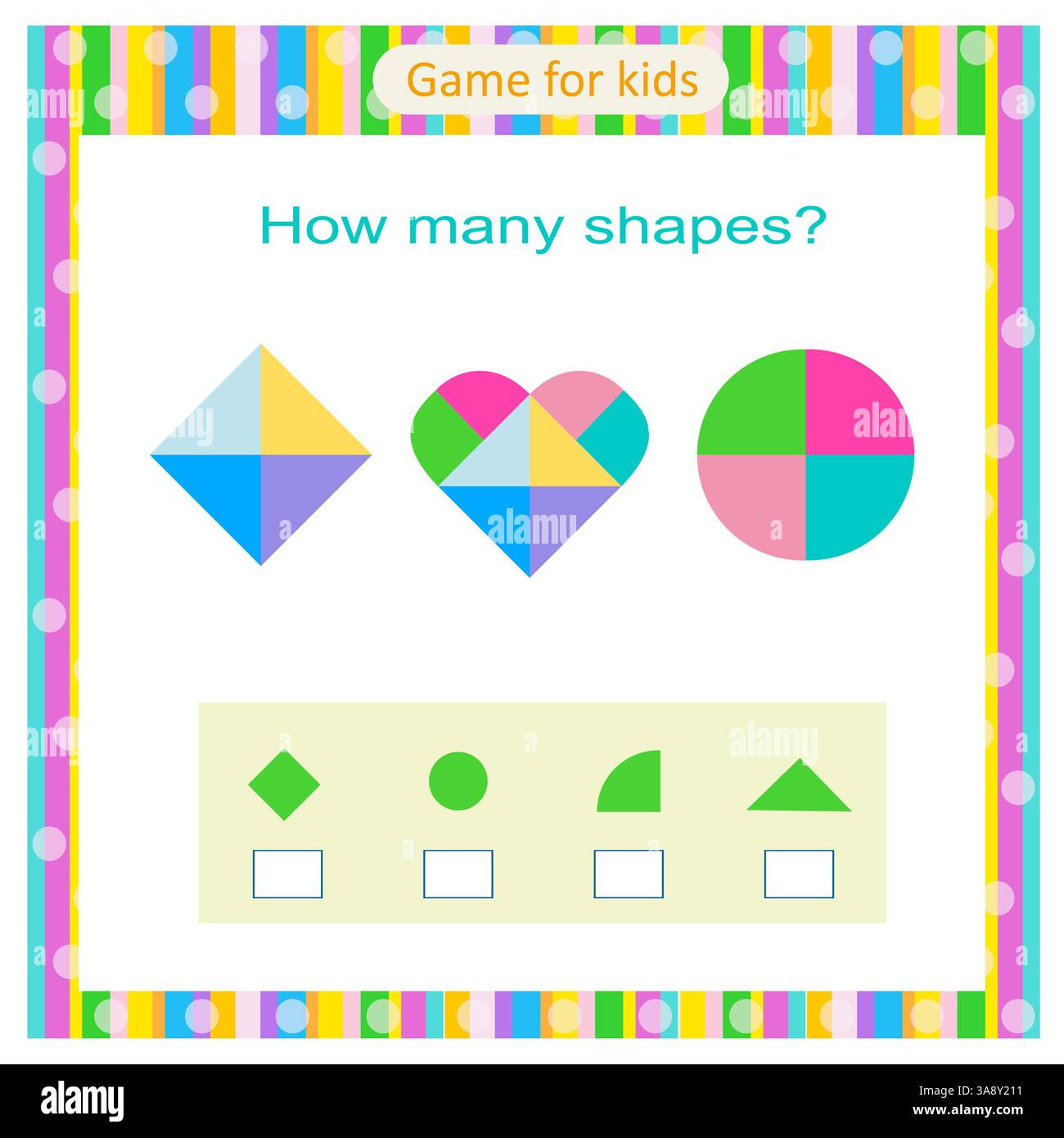 Educational game for kids. Count how many triangles, squares, circles ...