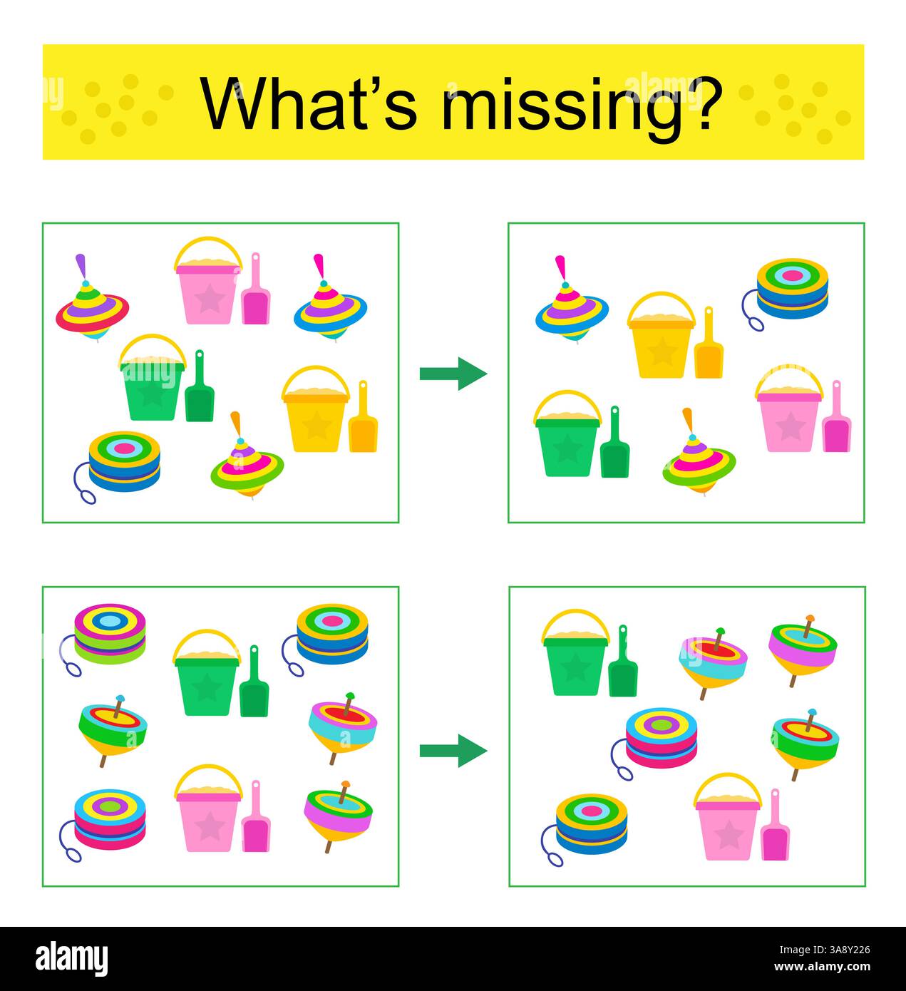 Puzzle game for kids. Find the missing object. Cartoon toys. Vector illustration Stock Vector ...