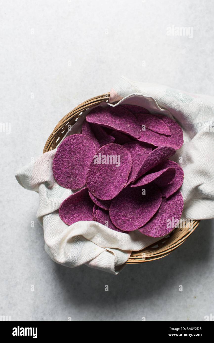 Overhead view of purple sweet potato chips, top view of ube chips ...