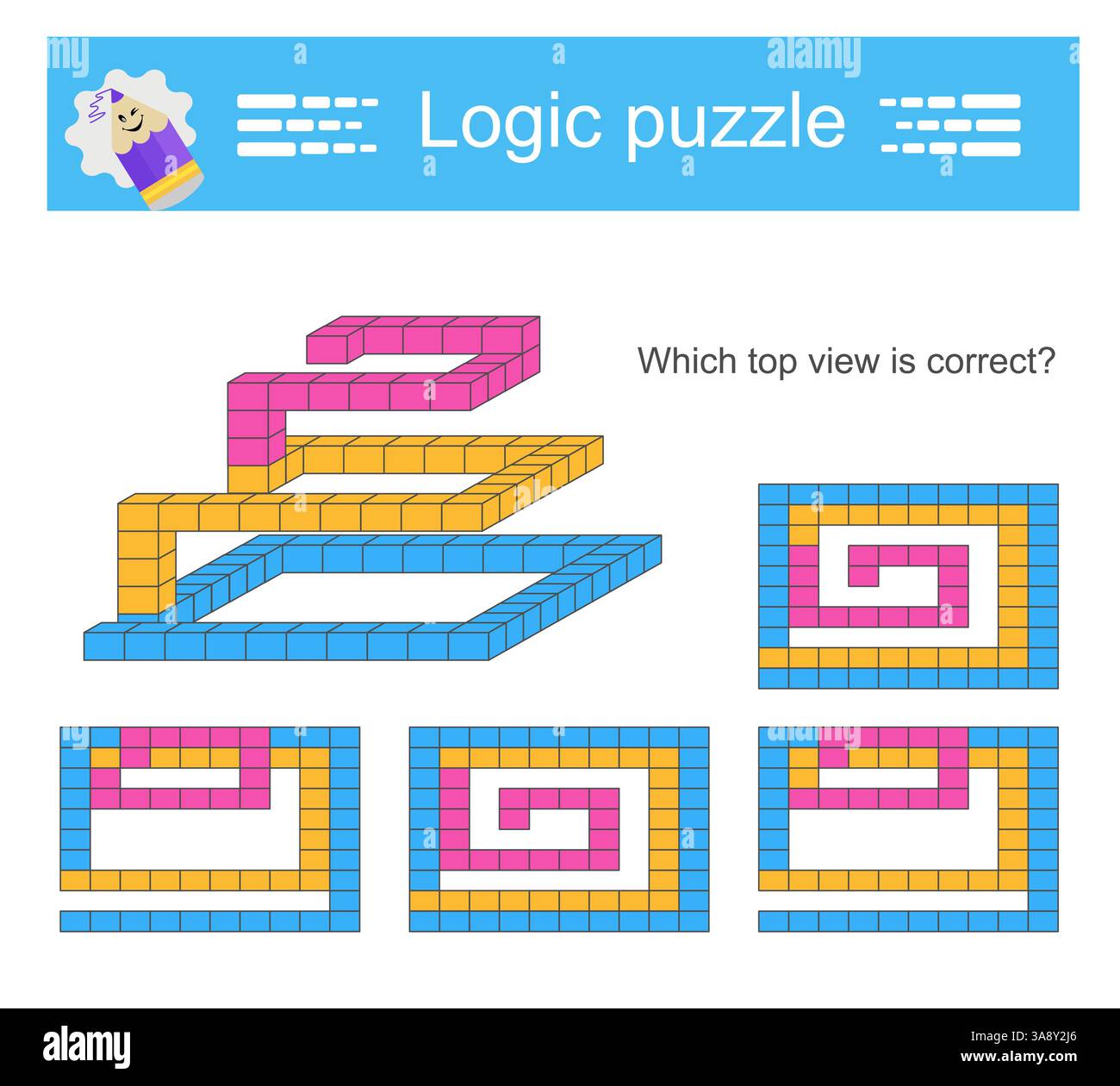 Logic puzzle. Which top view is correct? IQ training test. Printable ...