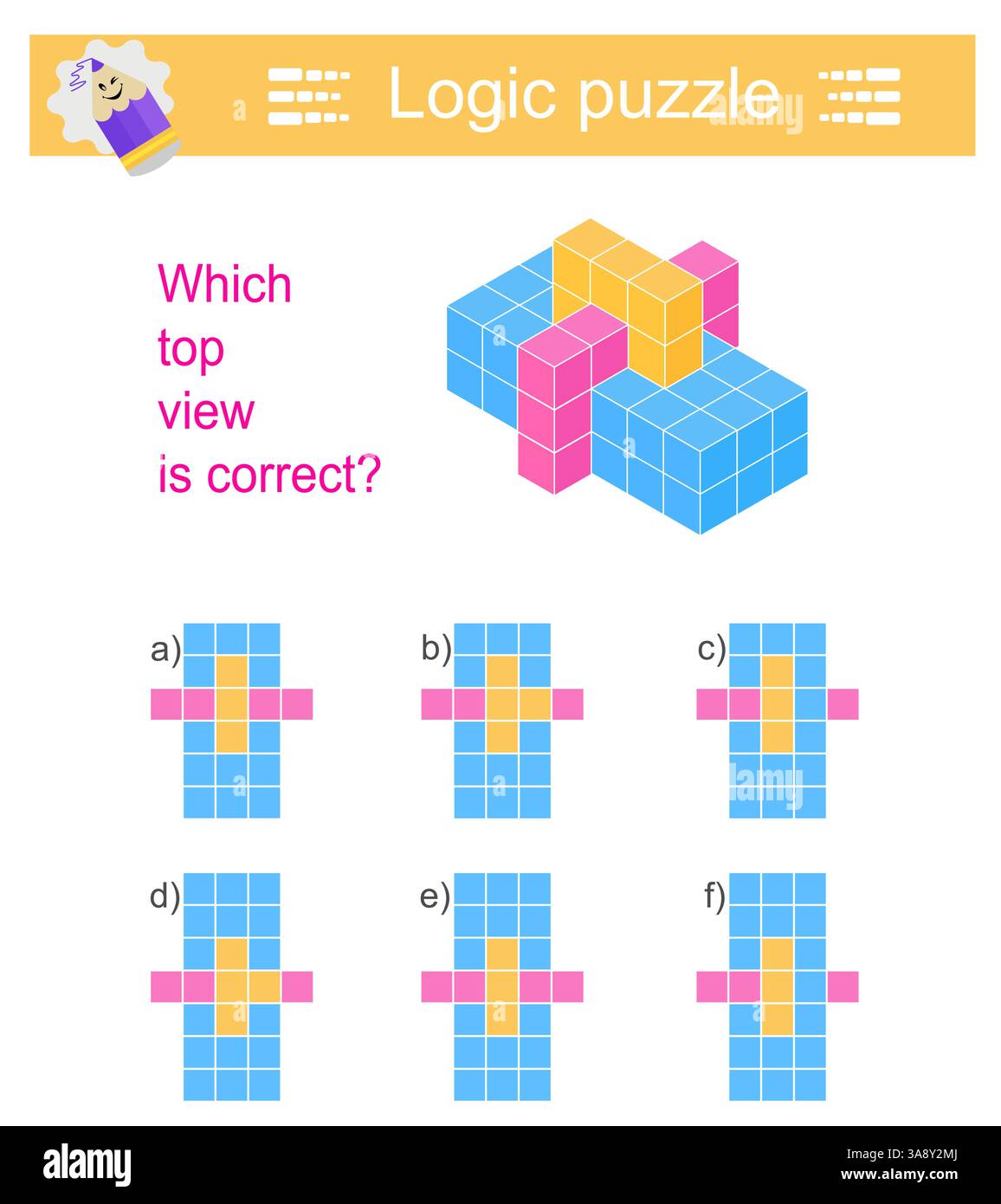Logic puzzle for children. Which top view is correct? IQ training test ...