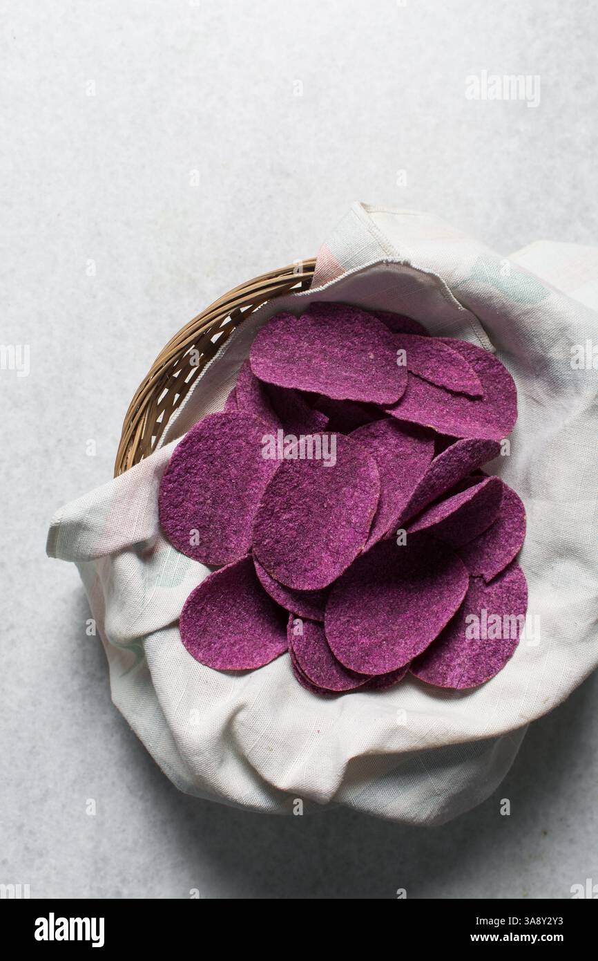 Overhead view of purple sweet potato chips, top view of ube chips ...