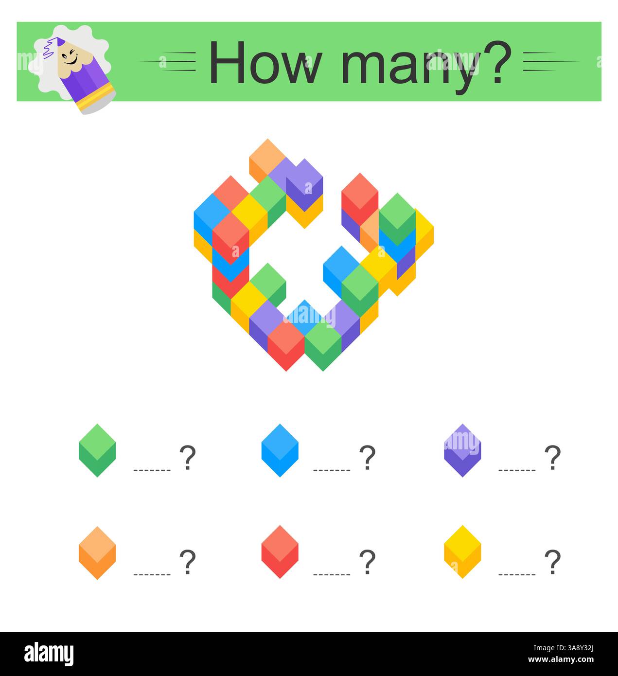 Educational math game for kids. Count how many red, yellow, blue, green ...