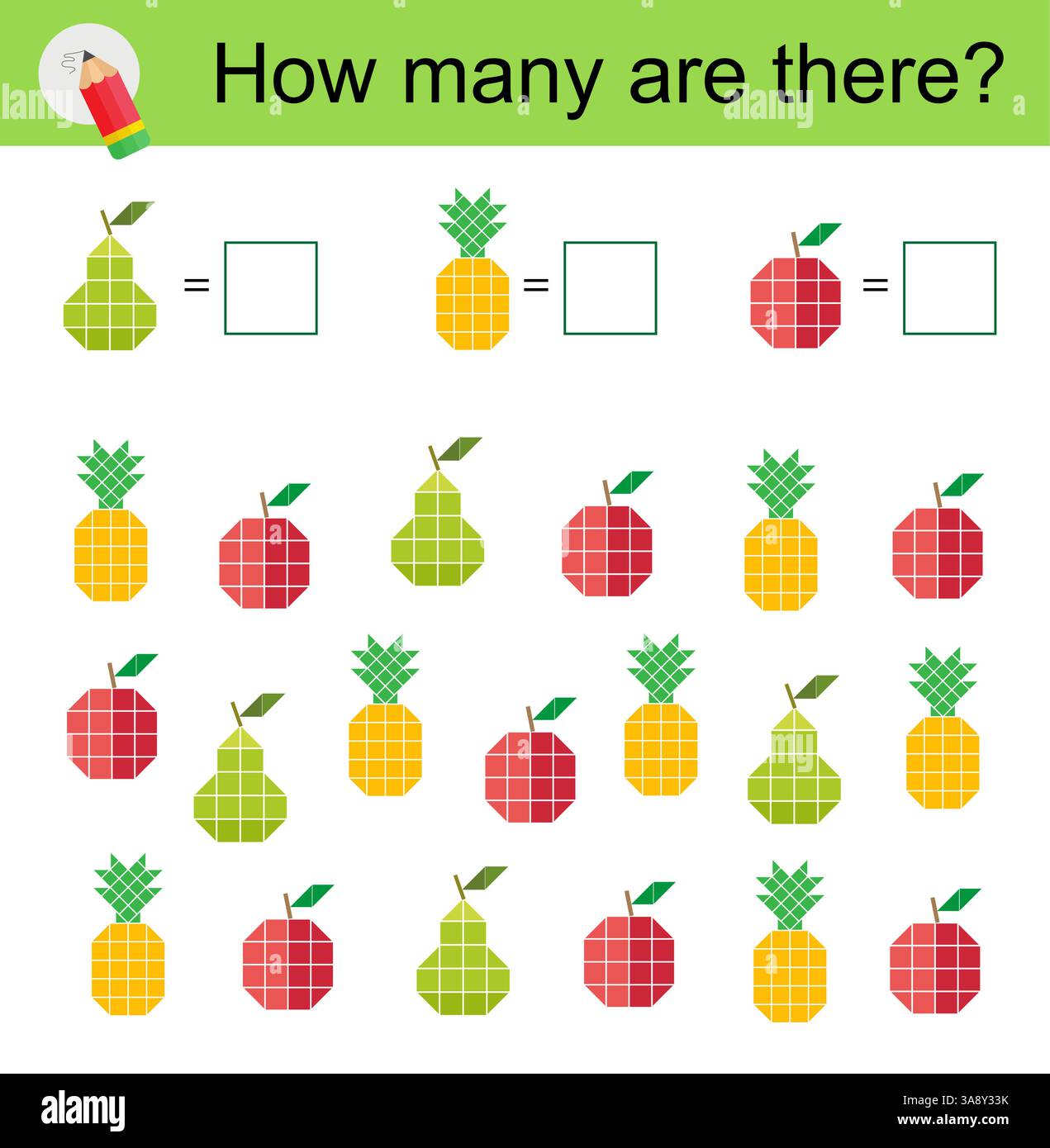 Math activity for kids. Developing numeracy skills. Cartoon pear, apple ...