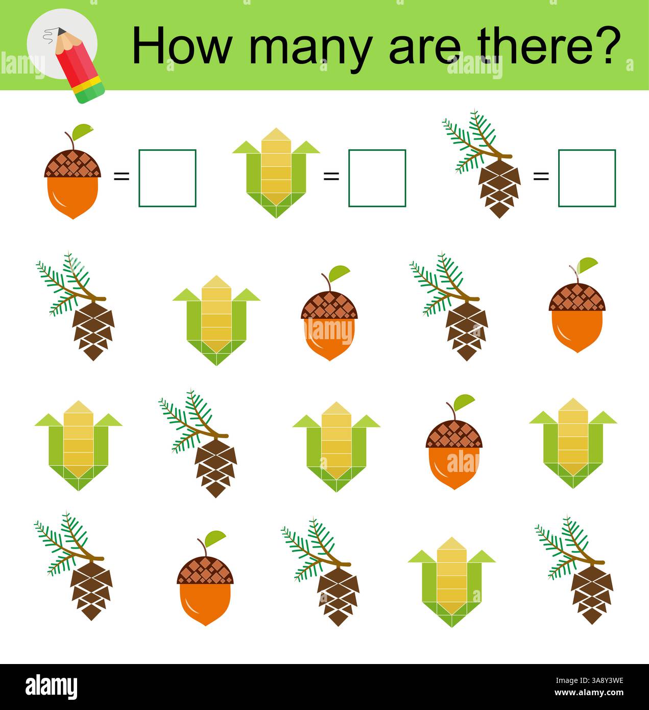 Math activity for kids. Developing numeracy skills. Cartoon corn, pine ...